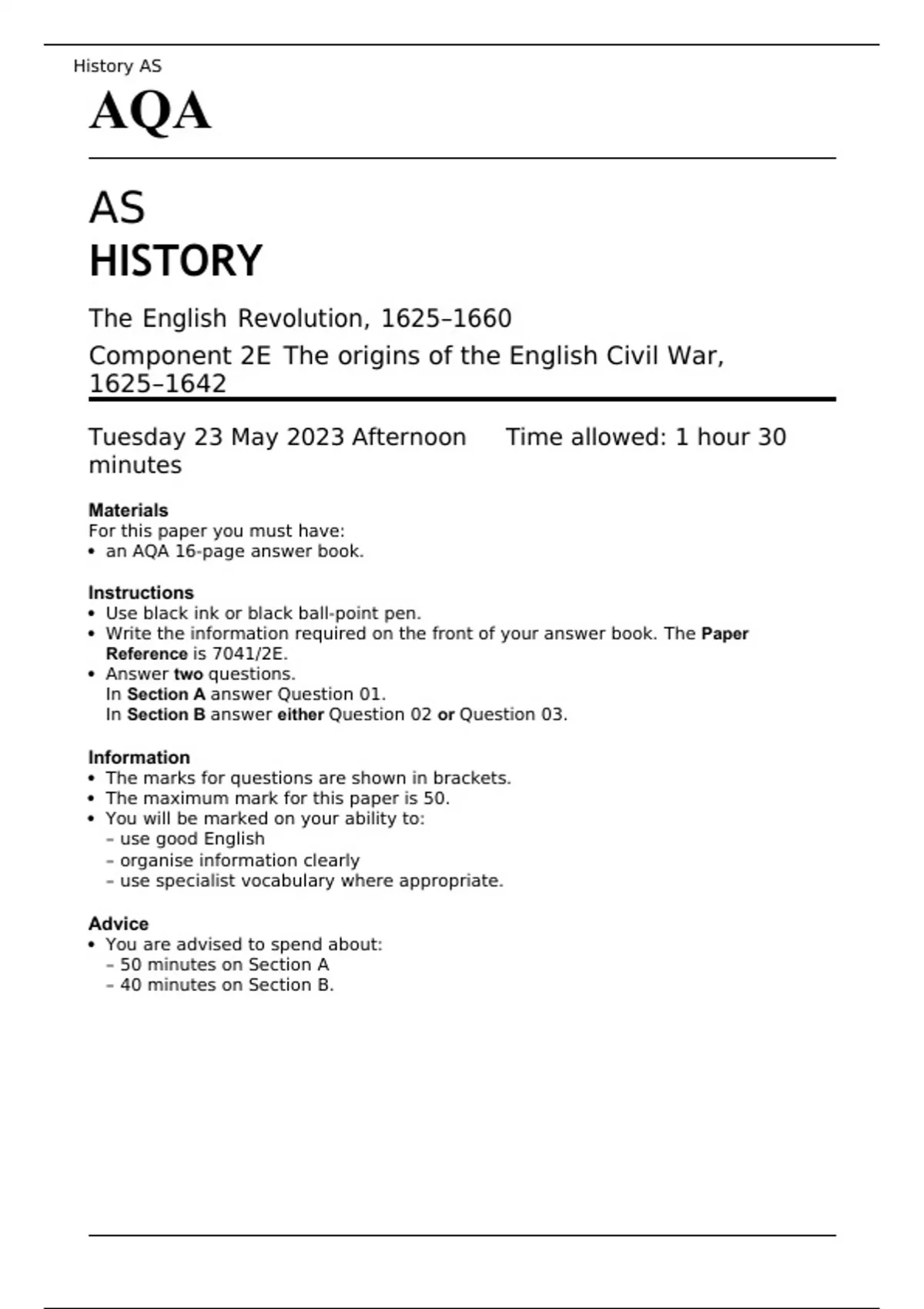 AQA AS HISTORY The English Revolution, 1625–1660 Component 2E MAY 2023 ...