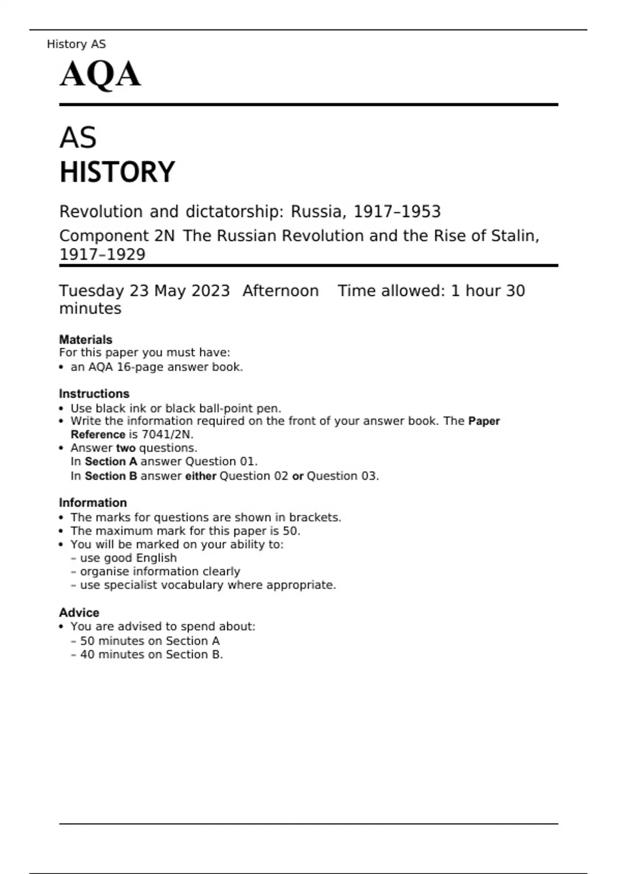 AQA AS HISTORY Revolution and dictatorship: Russia, 1917–1953 Component ...