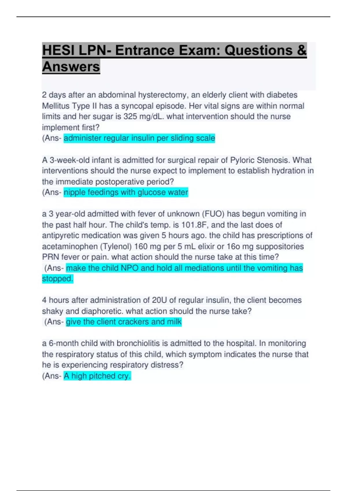 HESI LPN- Entrance Exam: 100% Verified Questions & Answers: Latest ...