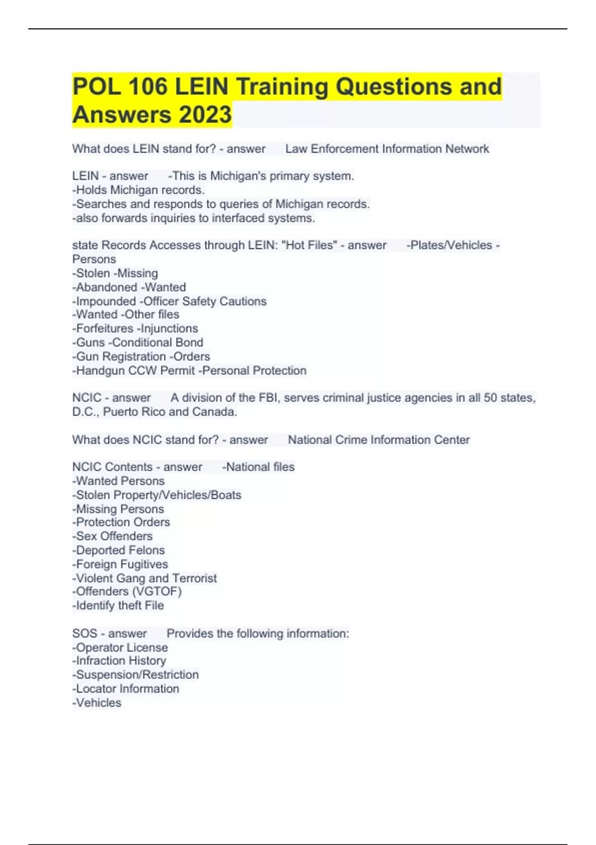 POL 106 LEIN Training Questions and Answers 2023 - Mcoles - Stuvia US