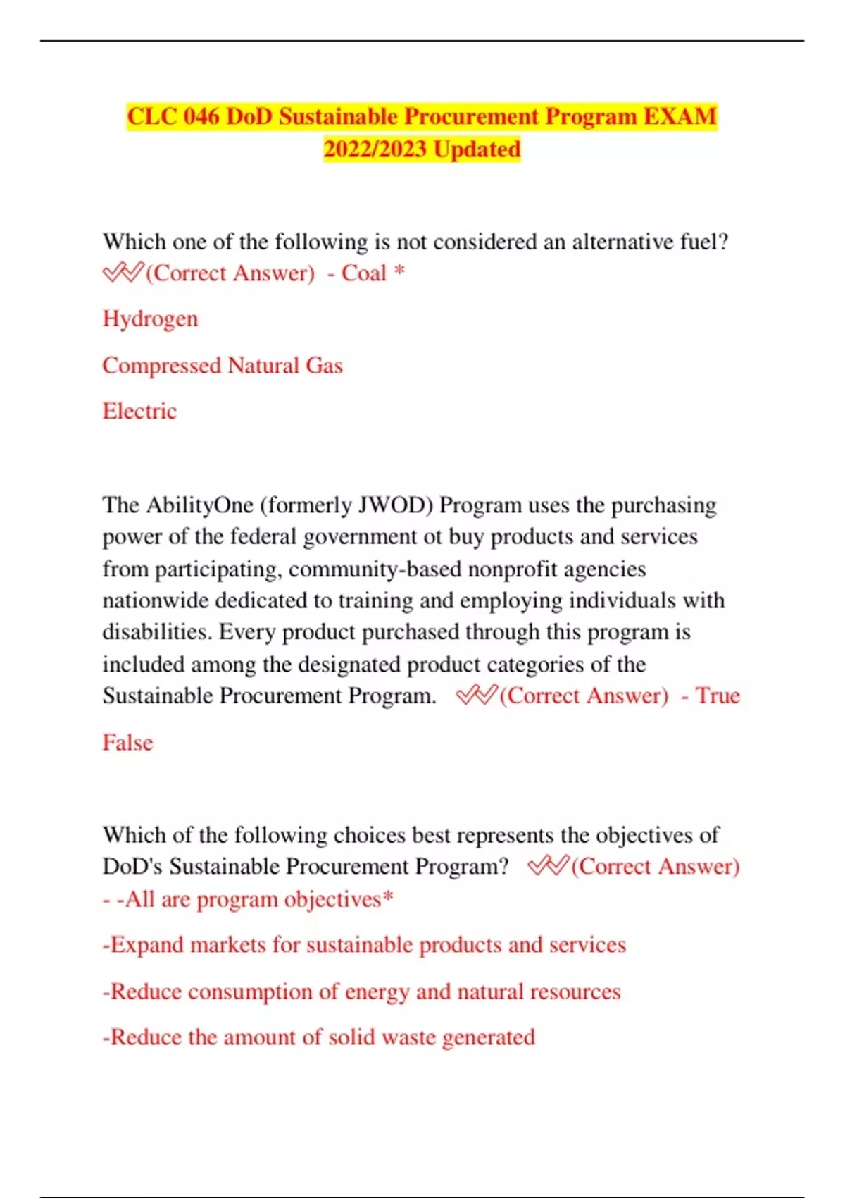 CLC 046 DoD Sustainable Procurement Program EXAM 2022/2023 Updated ...