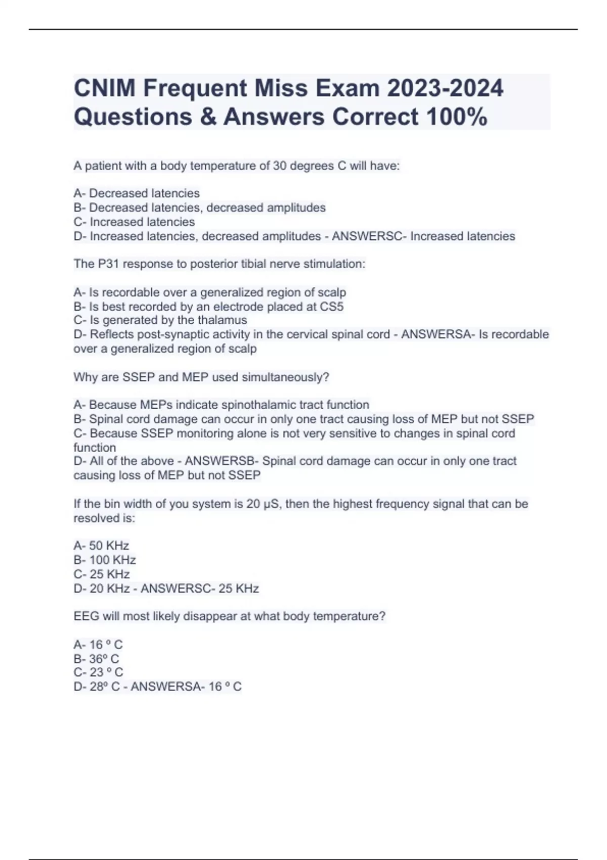 CNIM Frequent Miss Exam Questions & Answers Correct 100%CNIM Frequent ...