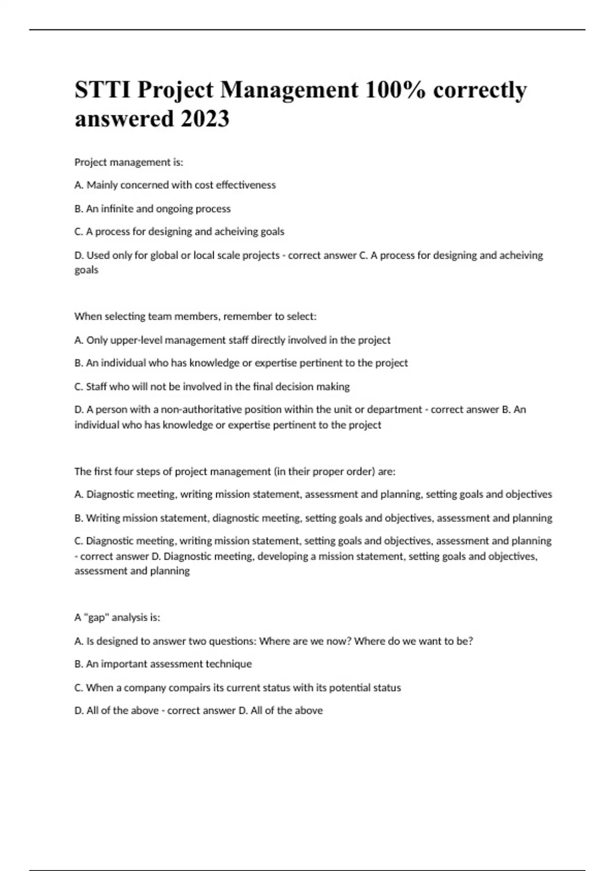 STTI Project Management 100% correctly answered 2023 - STTI - Stuvia US
