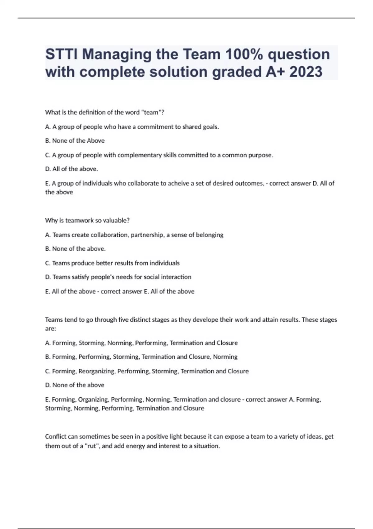 STTI Managing the Team 100% question with complete solution graded A+ ...
