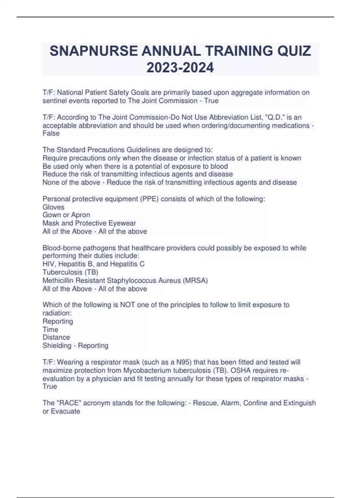 SNAPNURSE ANNUAL TRAINING QUIZ - SNAPNURSE ANNUAL TRAINING - Stuvia US