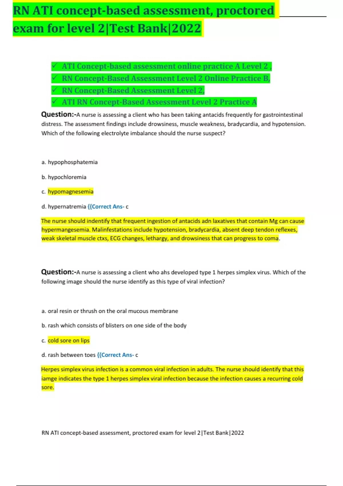 RN ATI concept-based assessment, proctored exam for level 2|Test Bank ...