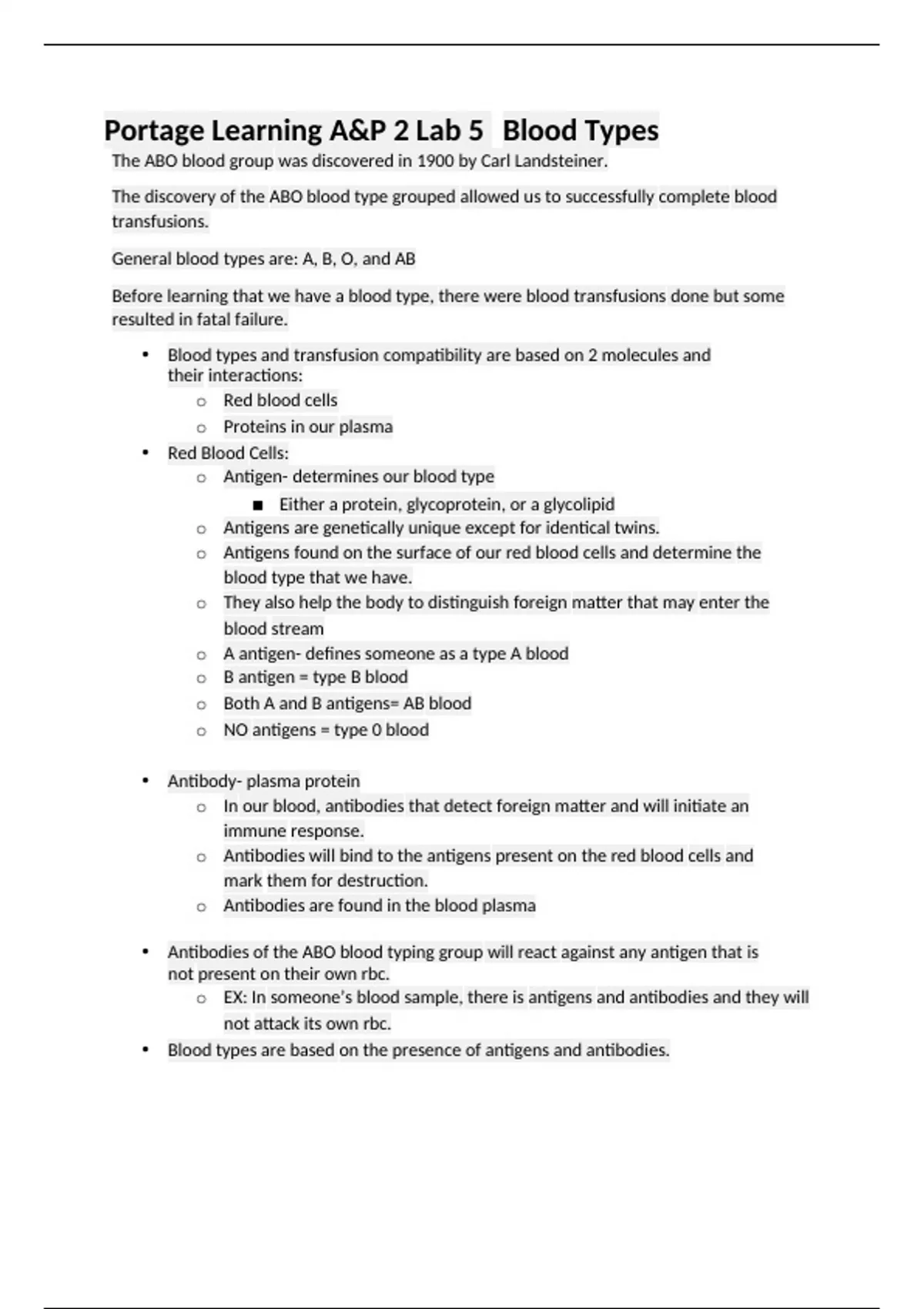 Portage Learning A&P 2 Lab 5 Blood Types - Portaypes - Stuvia US