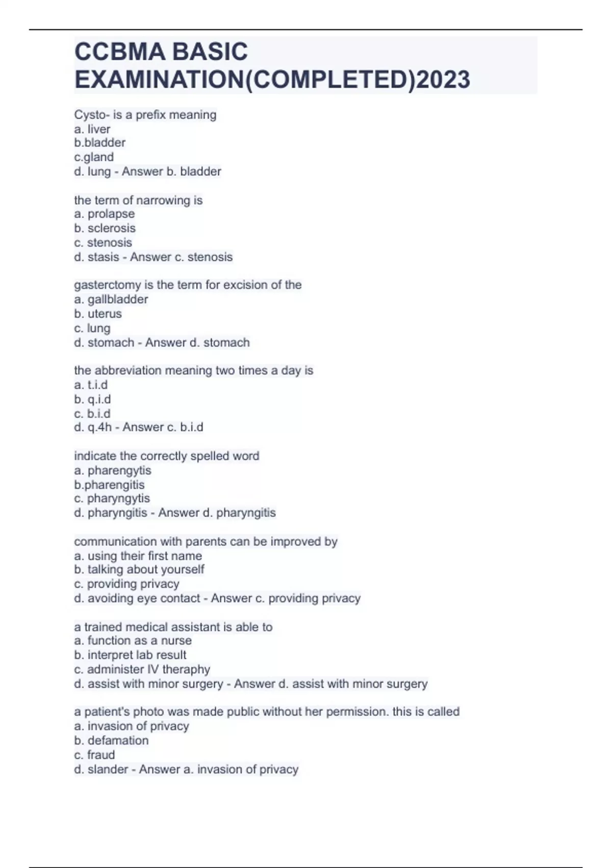 CCBMA BASIC EXAMINATION(COMPLETED)2023 - CCBMA - Stuvia US