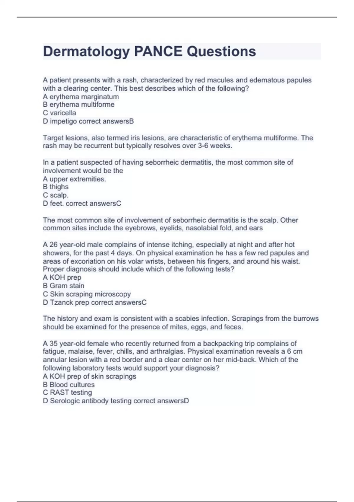 Dermatology PANCE Questions & Answers 2023 (100% correct) - Dermatology ...