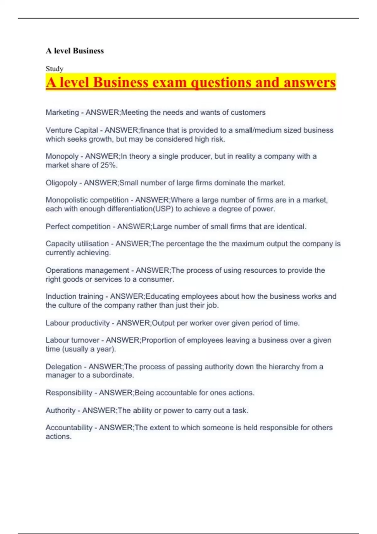A level Business exam questions and answers - A level Business - Stuvia US