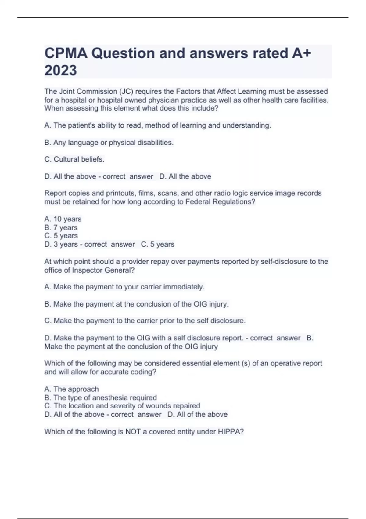 CPMA Question and answers rated A+ 2023 - CPMA - Stuvia US