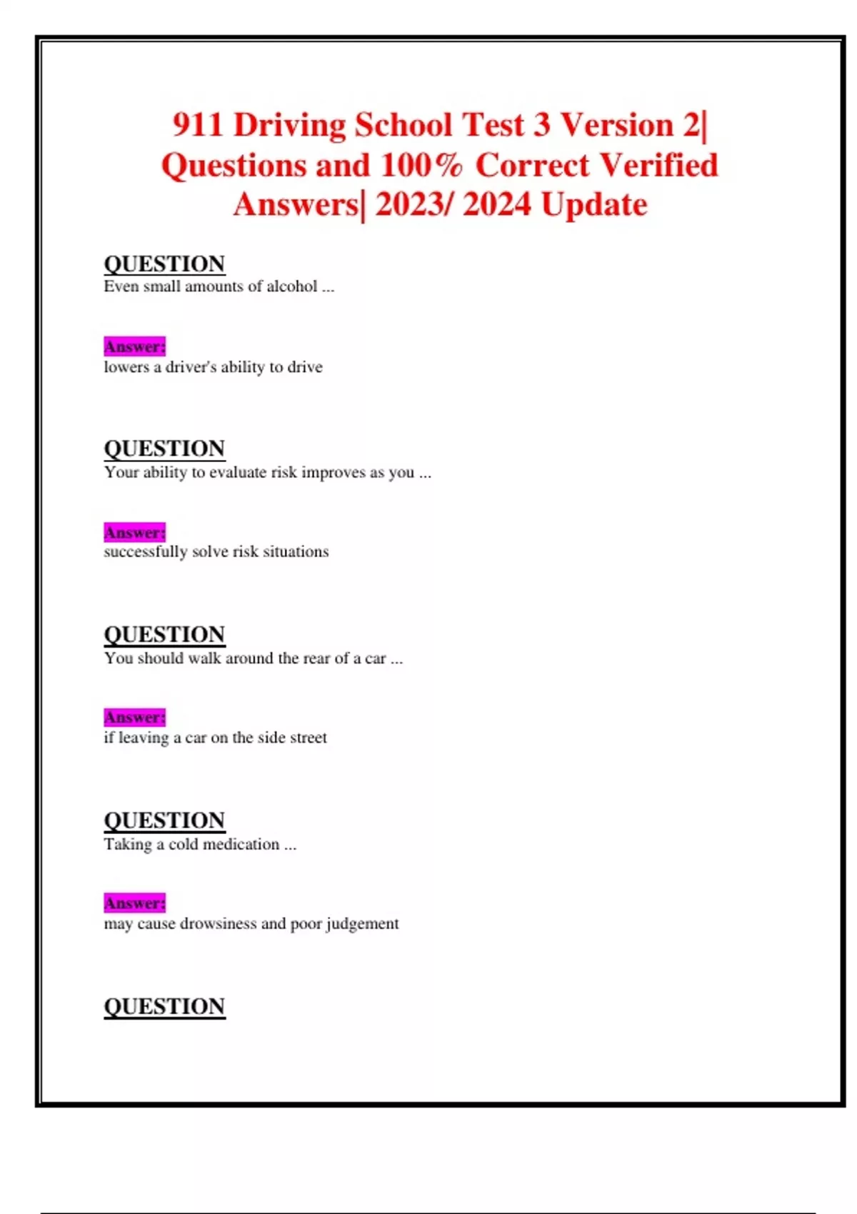 911 Driving School Test 3 Version 2| Questions and 100% Correct ...