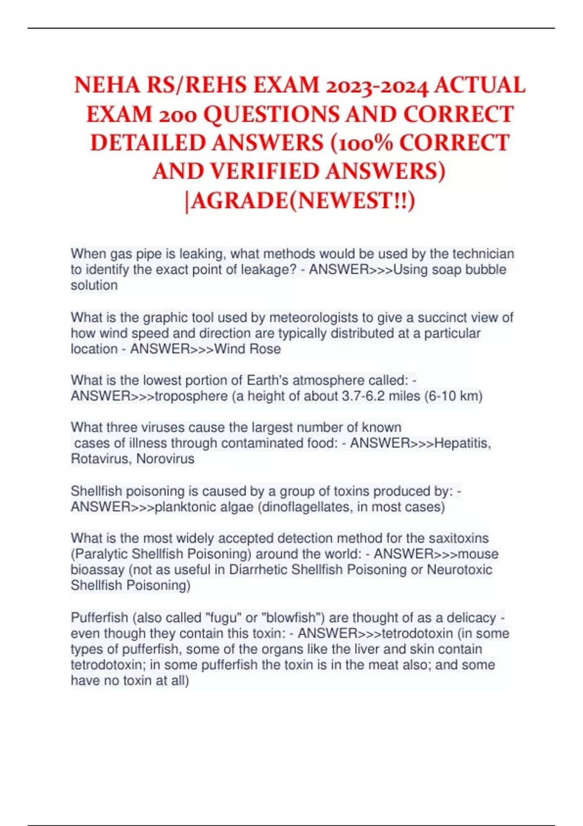 NEHA RS/REHS EXAM ACTUAL EXAM 200 QUESTIONS AND CORRECT DETAILED ...