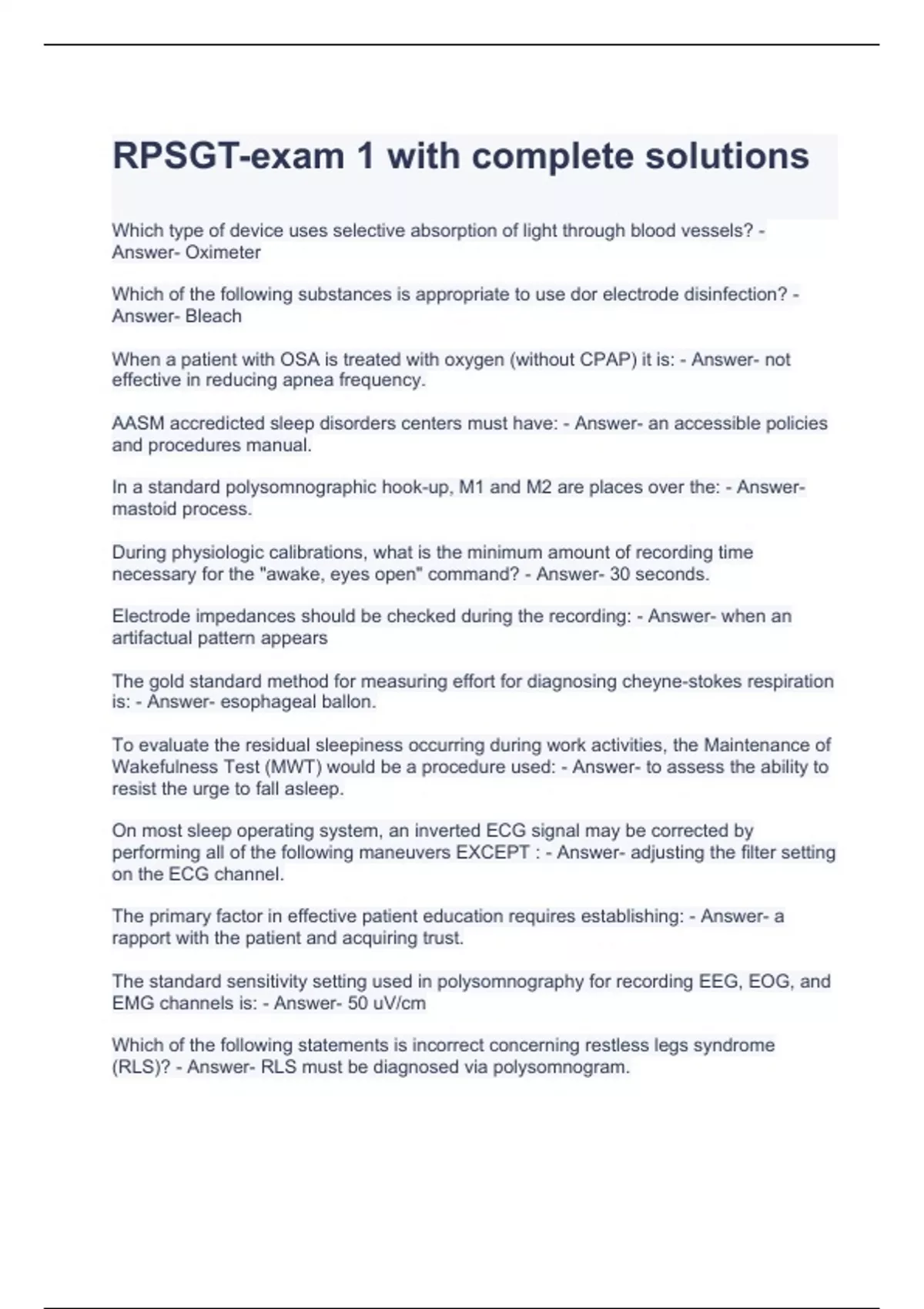 RPSGT-exam 1 with complete solutions - RPSGT - Stuvia US