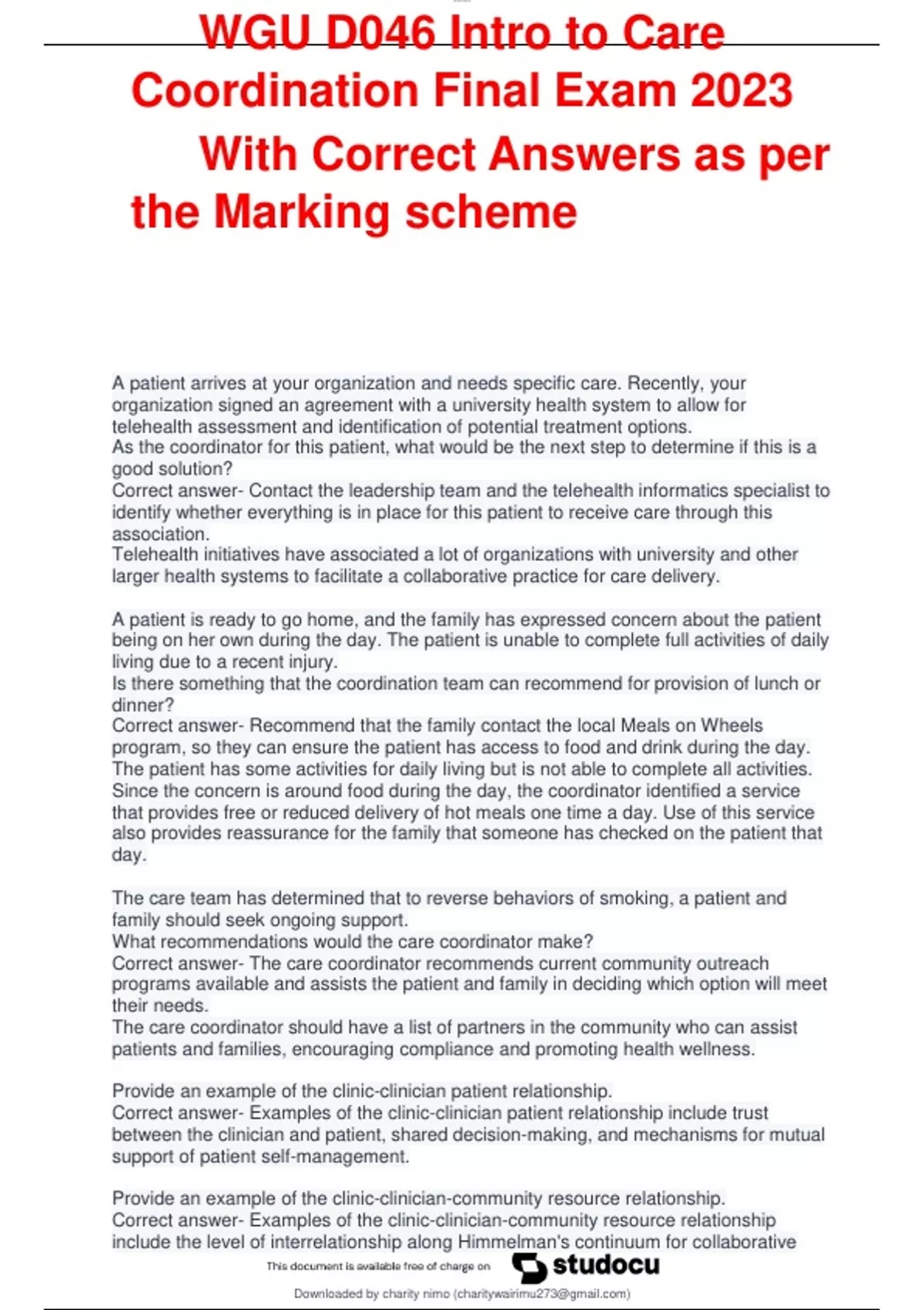 WGU D046 Intro to Care Coordination Final Exam 2023 With Correct ...