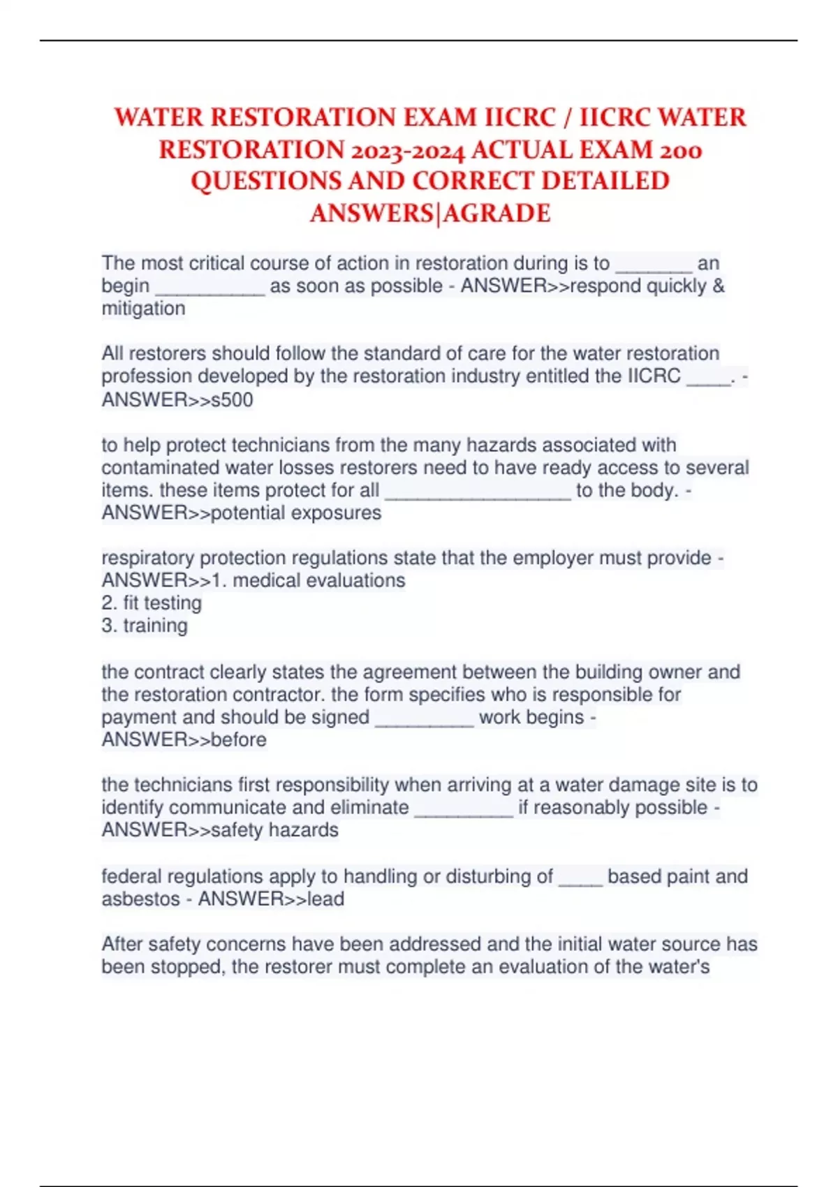 WATER RESTORATION EXAM IICRC / IICRC WATER RESTORATION ACTUAL EXAM 200 ...