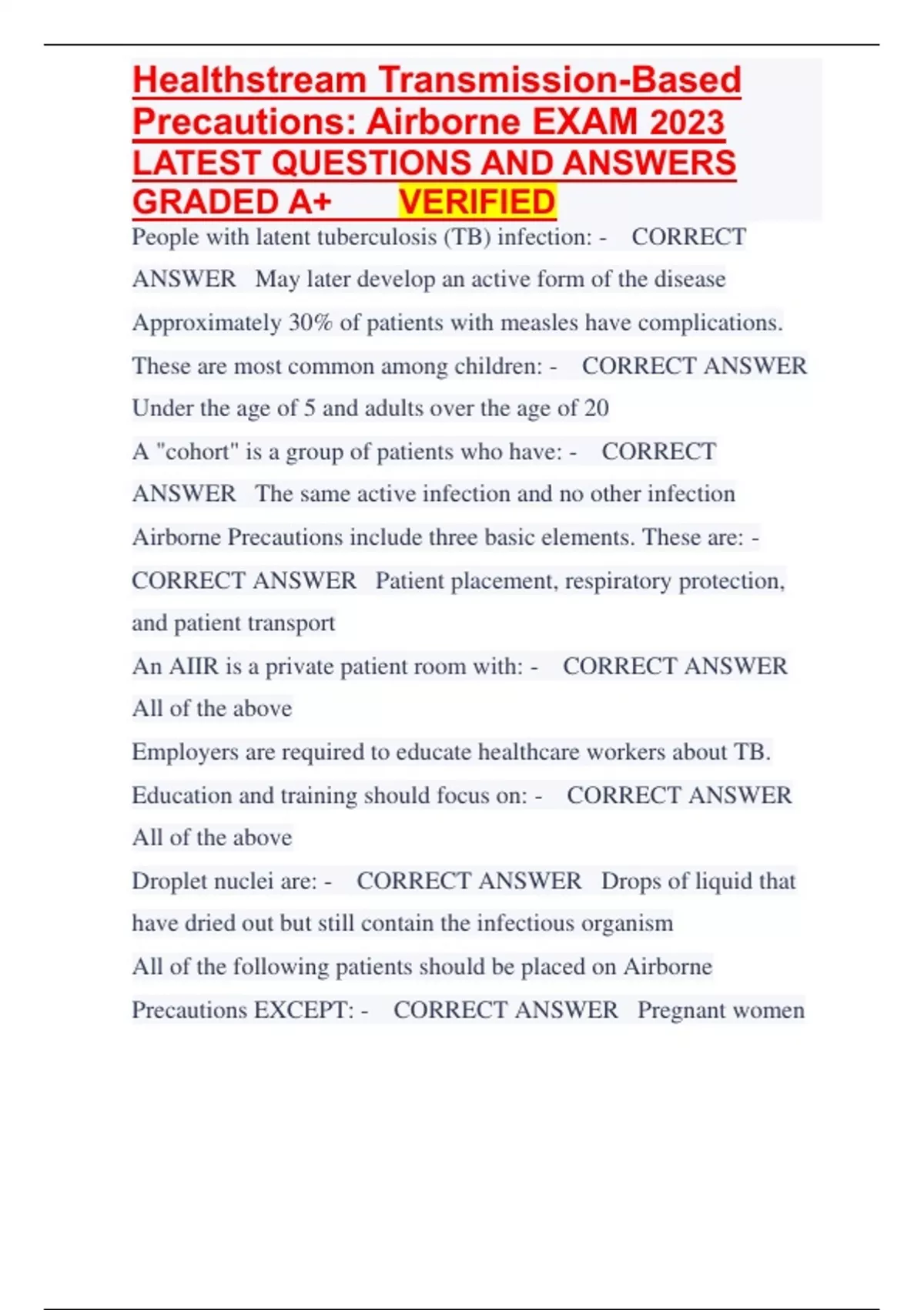 Healthstream Transmission-Based Precautions: Airborne EXAM 2023 LATEST ...