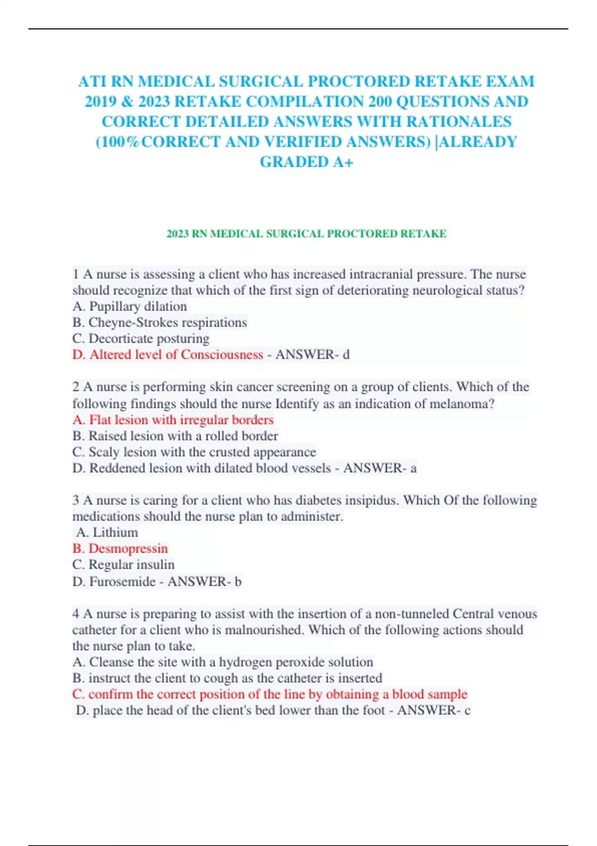 ATI RN MEDICAL SURGICAL PROCTORED RETAKE EXAM 2019 & 2023 RETAKE ...