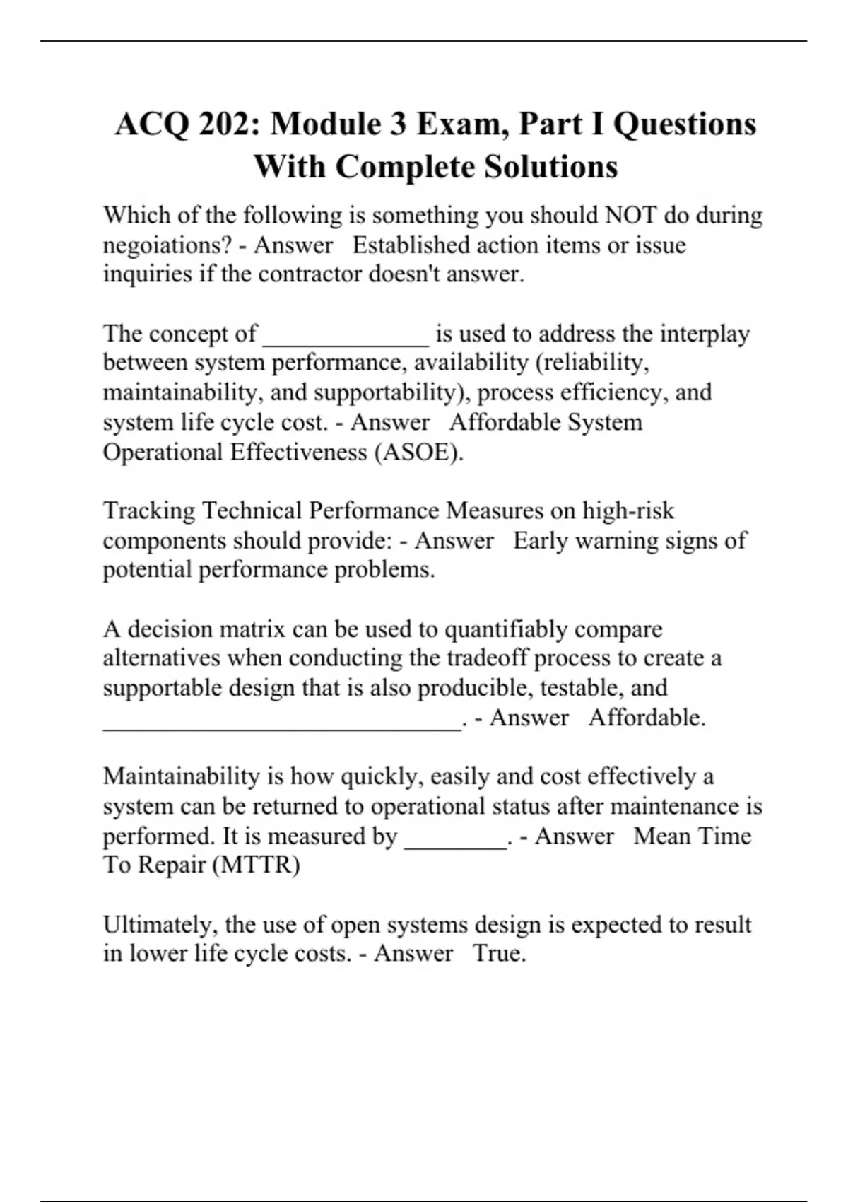 ACQ 202: Module 3 Exam, Part I Questions With Complete Solutions - ACQ 202 - Stuvia US