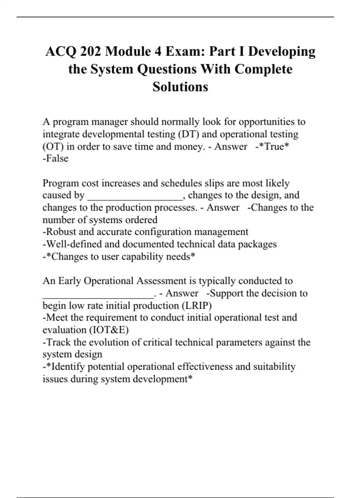 ACQ 202 Module 4 Exam: Part I Developing the System Questions With Complete Solutions - ACQ 202 ...