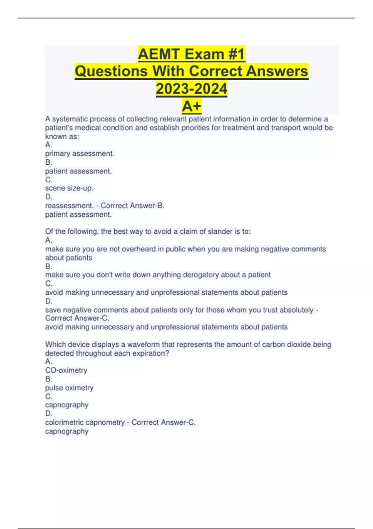 AEMT Exam #1 Questions With Correct Answers A+ - AEMT Exm #1 - Stuvia US