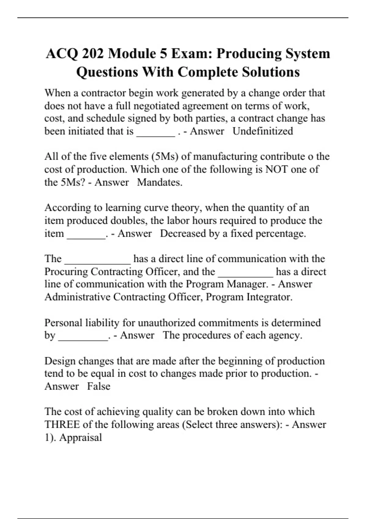 ACQ 202 Module 5 Exam: Producing System Questions With Complete Solutions - ACQ 202 - Stuvia US