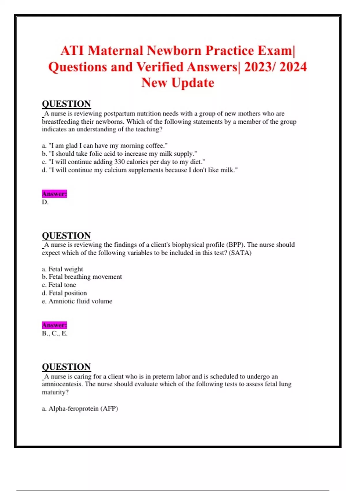 ATI Maternal Newborn Practice Exam| Questions and Verified Answers ...