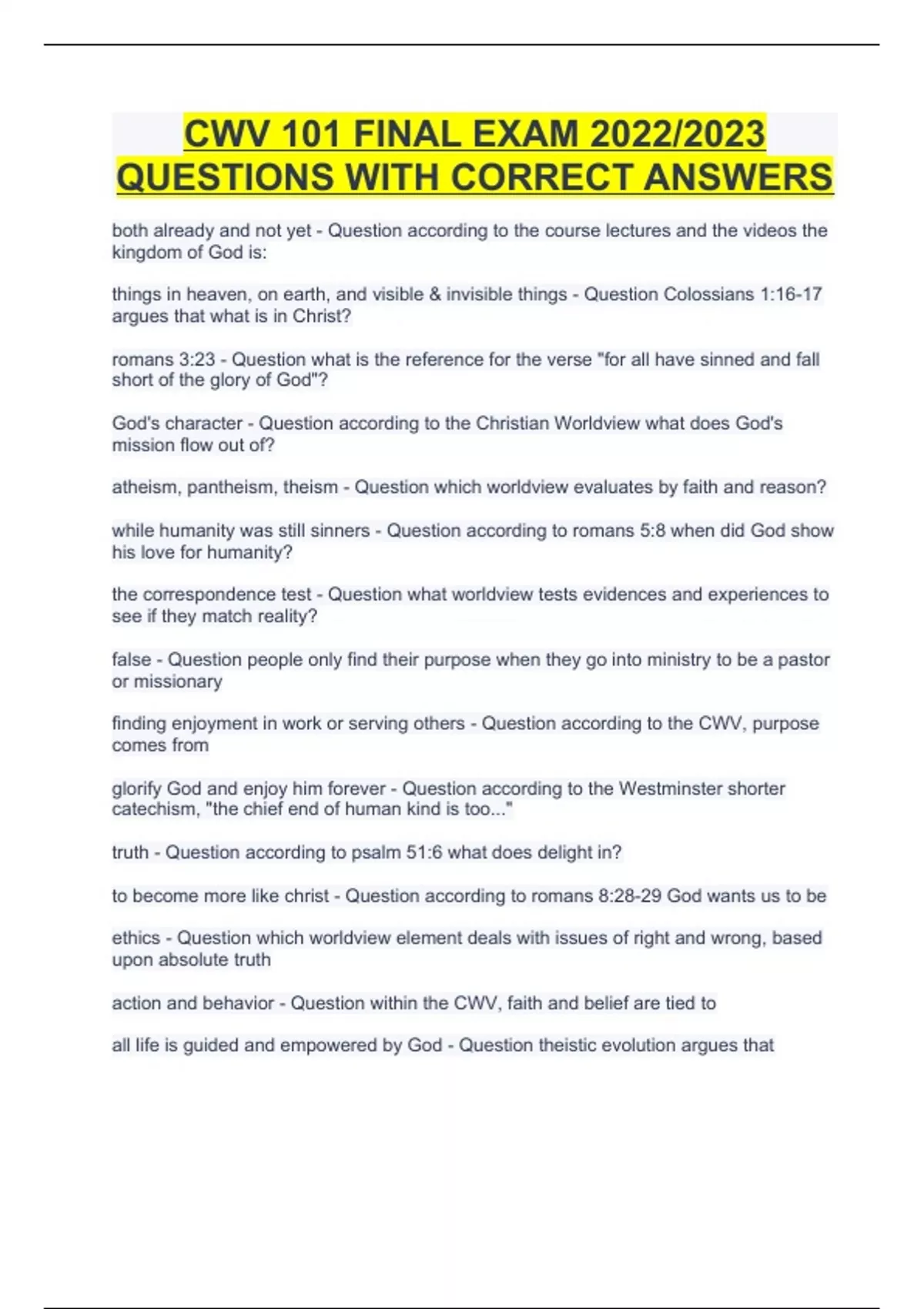 CWV 101 FINAL EXAM 2022/2023 QUESTIONS WITH CORRECT ANSWERS - CWV ...