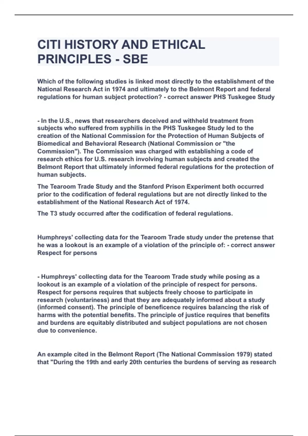CITI HISTORY AND ETHICAL PRINCIPLES - SBE|UPDATED&VERIFIED|100% SOLVED ...