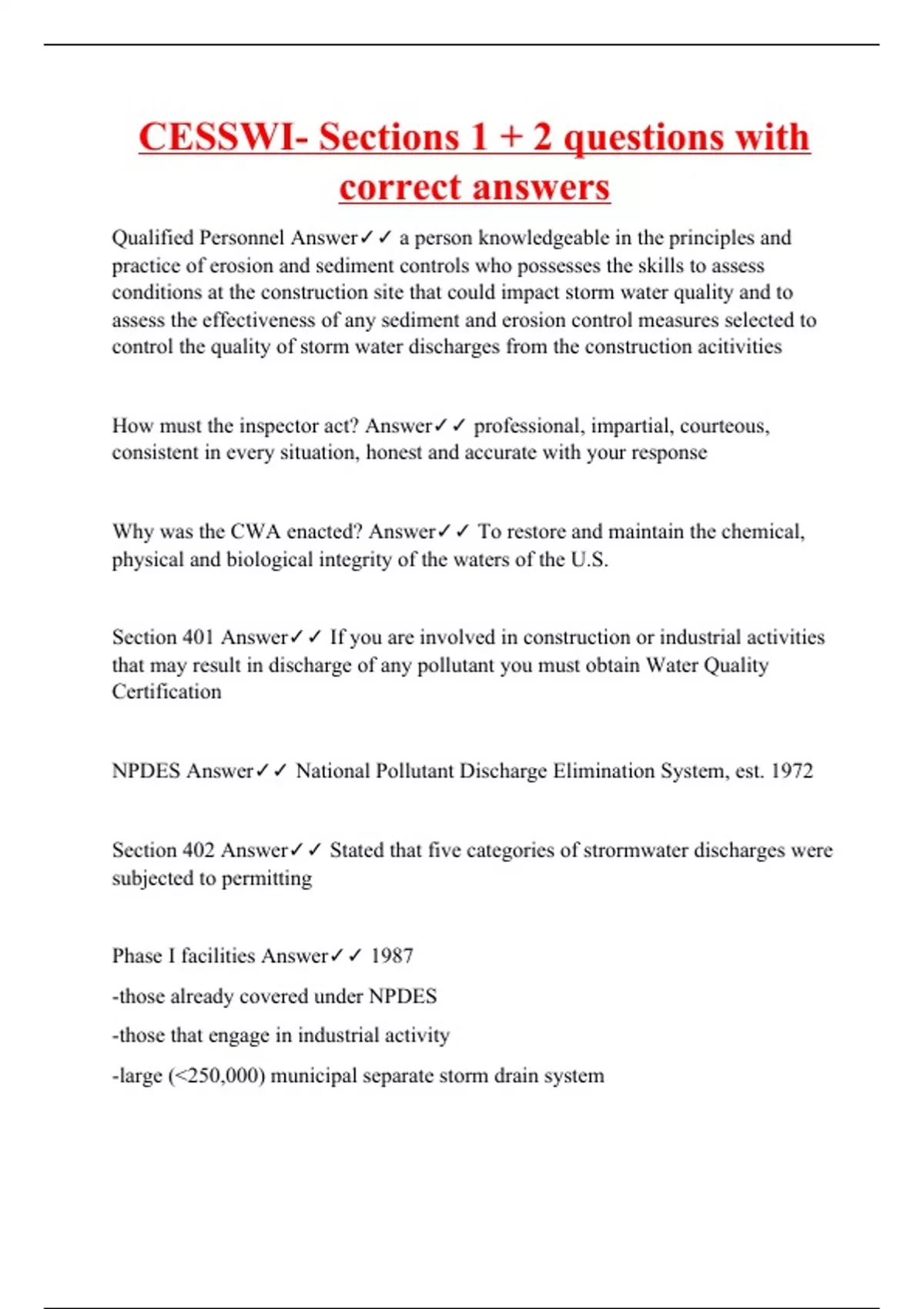 CESSWI- Sections 1 + 2 questions with correct answers - CESSWI - Stuvia US