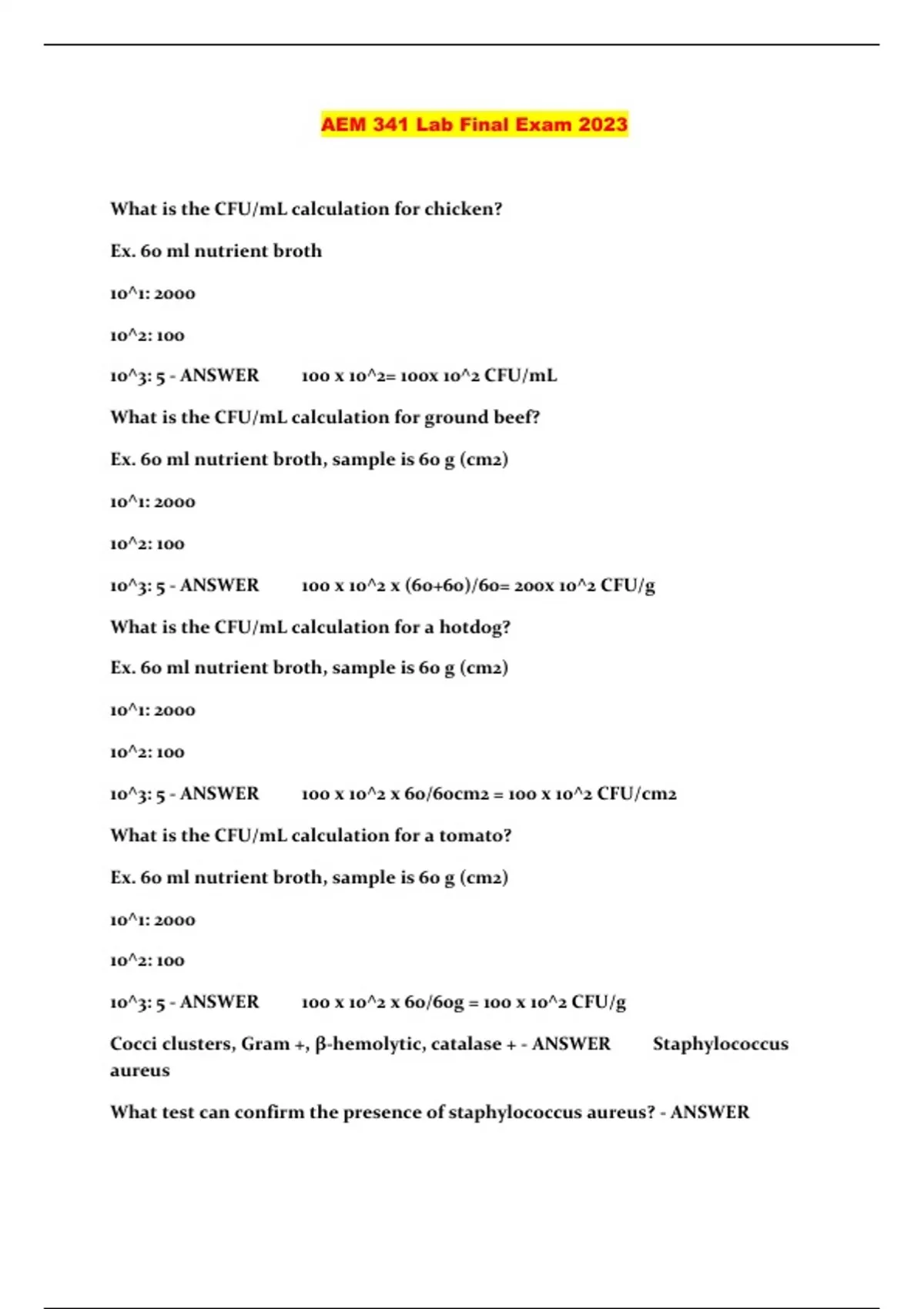 AEM 341 Lab Final Exam 2023 - AEM 341 Lab - Stuvia US