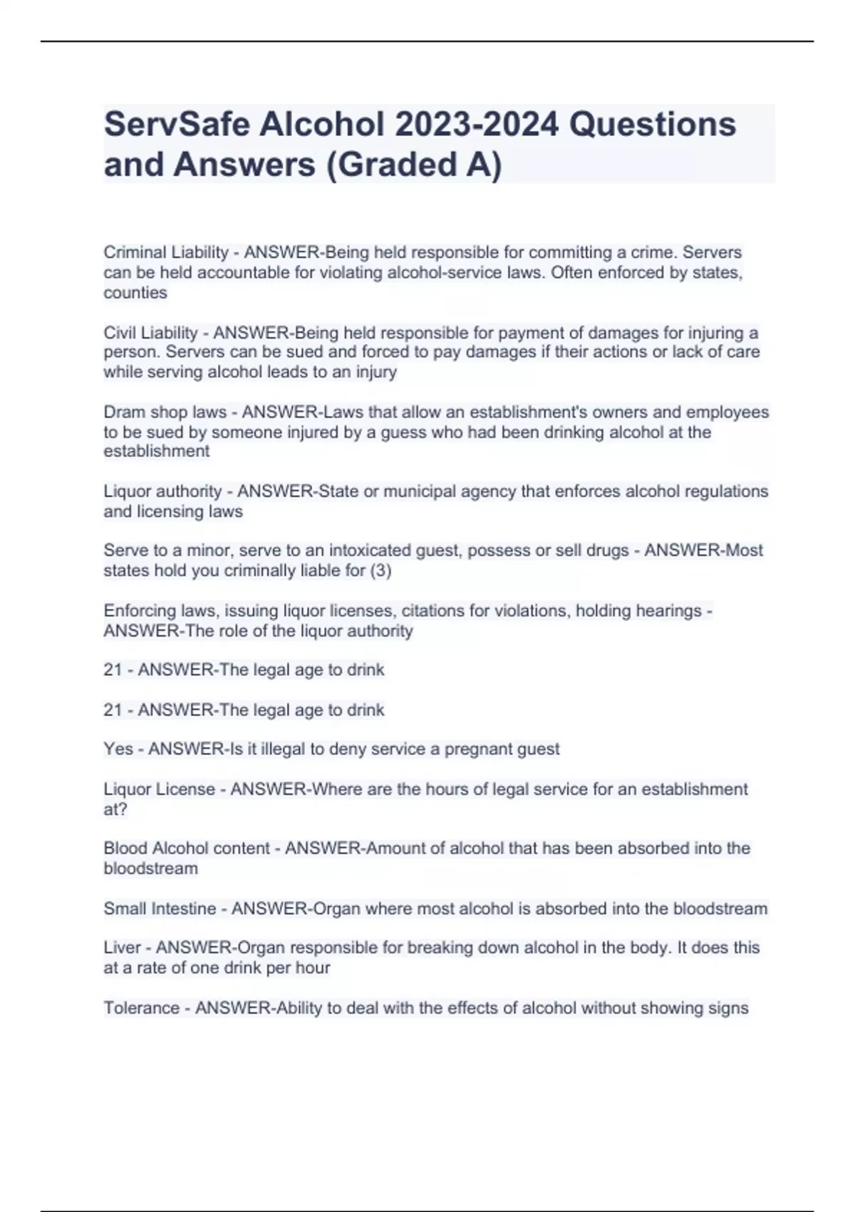 ServSafe Alcohol Questions and Answers (Graded A) - ServSafe Alcohol ...