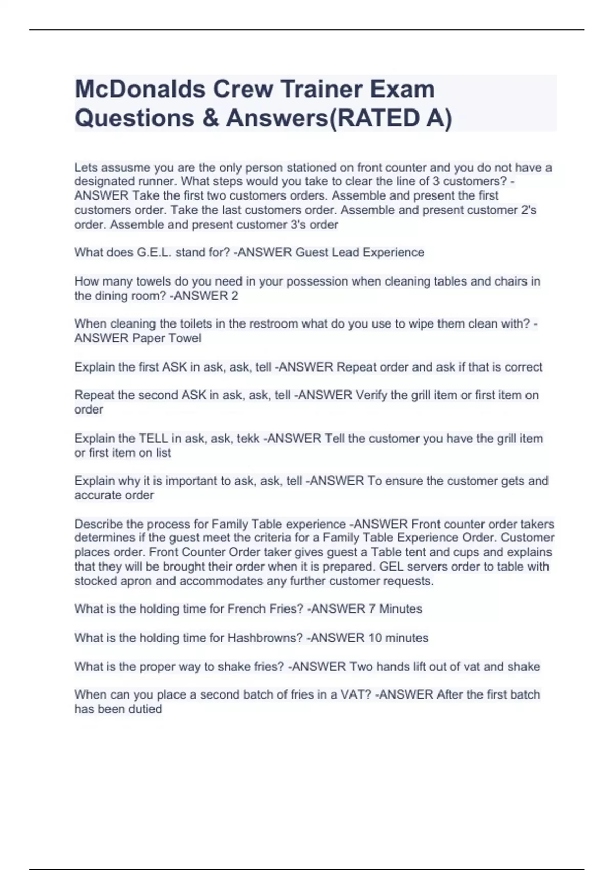 McDonalds Crew Trainer Exam Questions & Answers(RATED A) - McDonalds ...