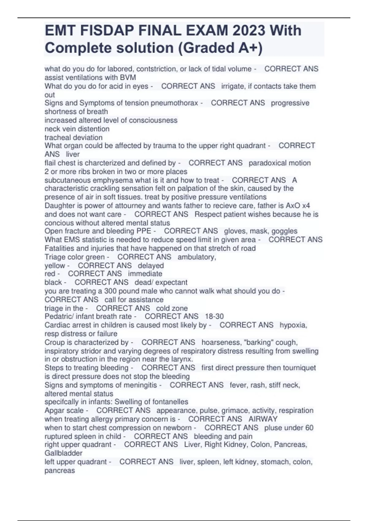 EMT FISDAP FINAL EXAM 2023 With Complete solution (Graded A+) - EMT FISDAP - Stuvia US