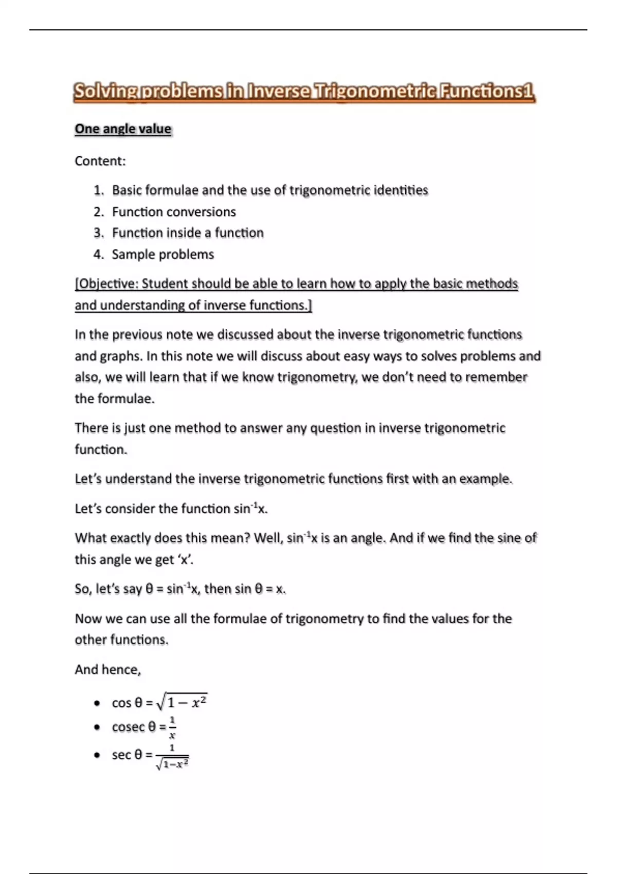 Values and formulas of Inverse trigonometric Functions - Mathematics ...