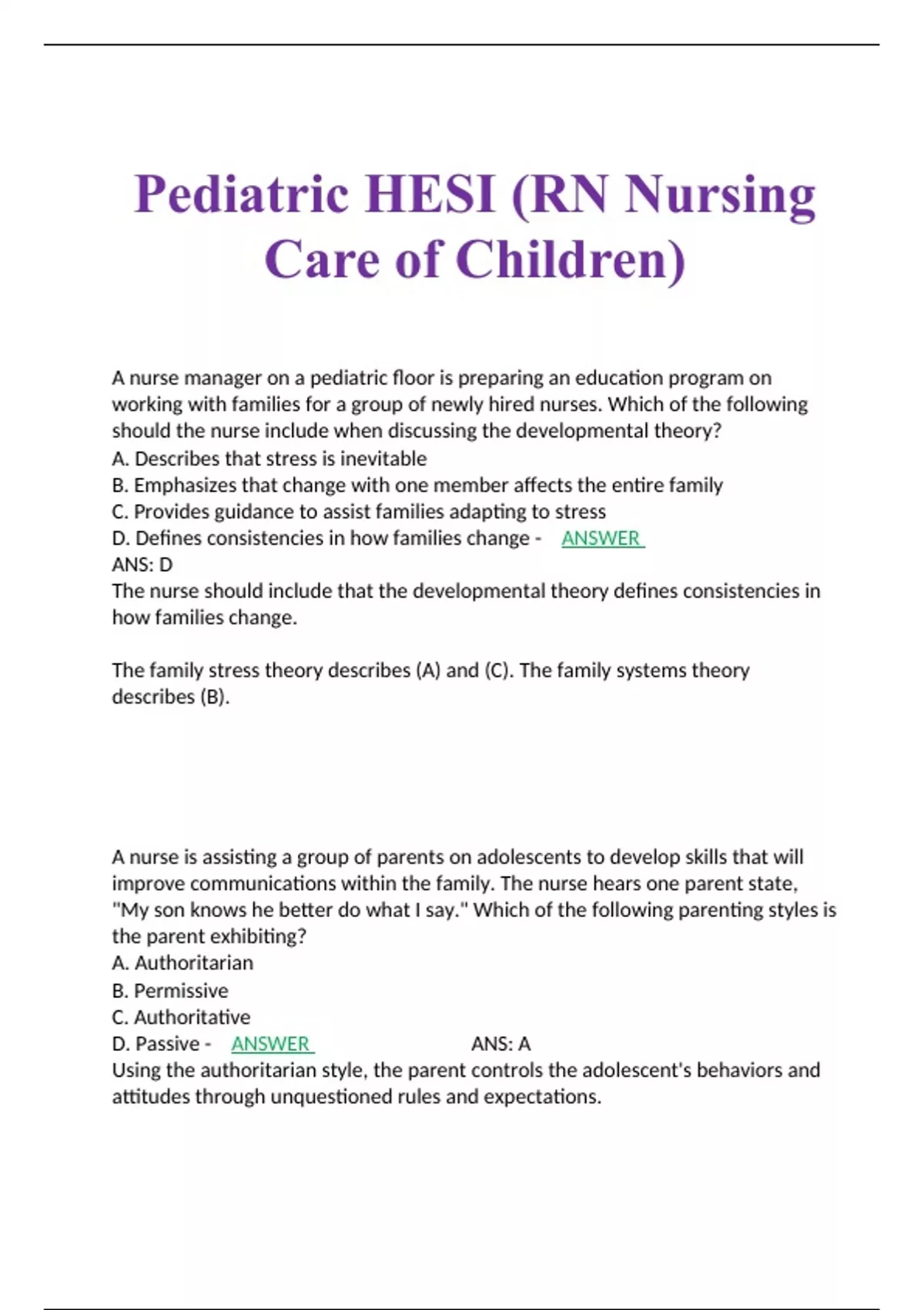 Pediatric HESI (RN Nursing Care of Children) 2023/2024 - Pediatric HESI ...