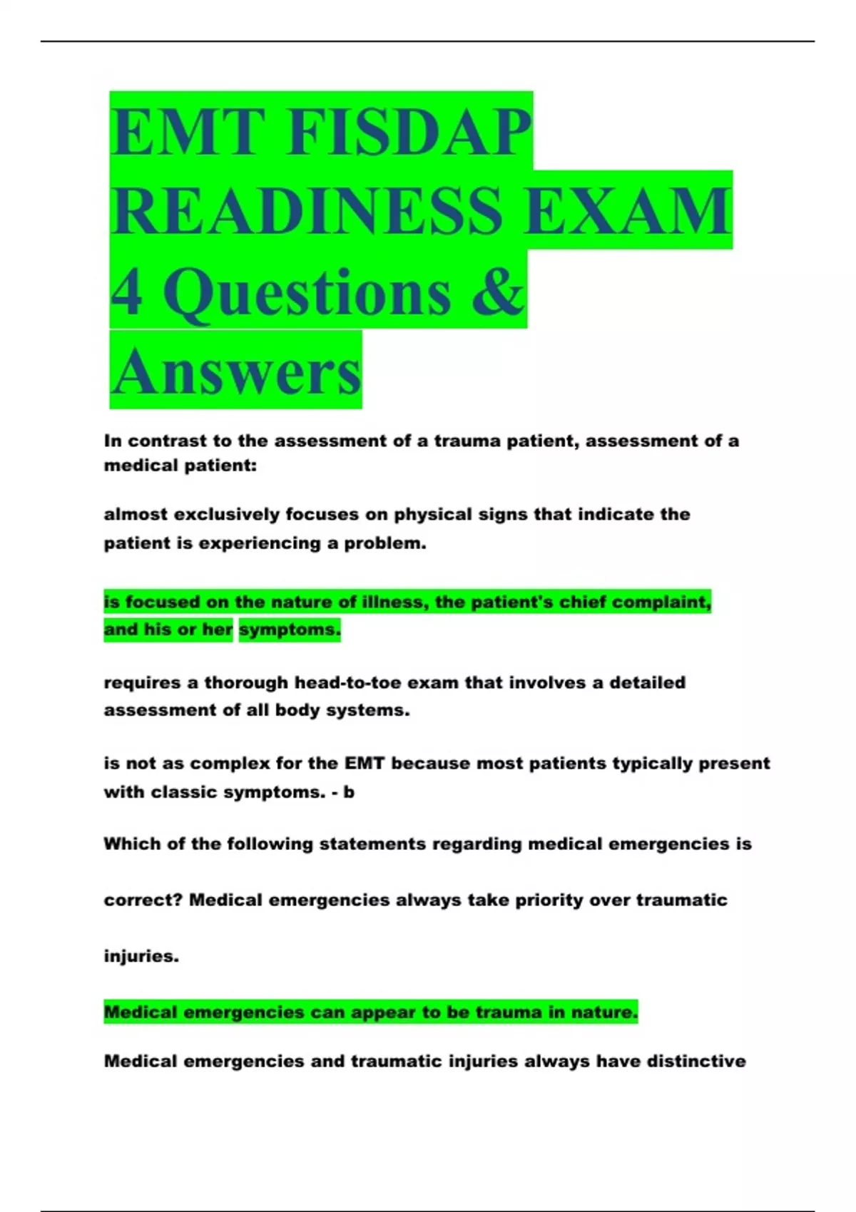 EMT FISDAP READINESS EXAM 4 Questions and Answers (2022/2023) (Verified Answers) - FISDAP ...