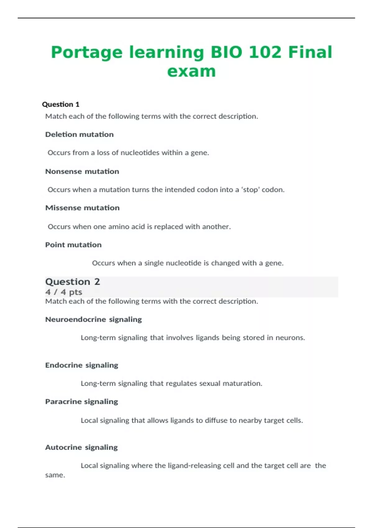 Portage learning BIO 102 Final exam Questions and Answers - BIO 102 - Stuvia US