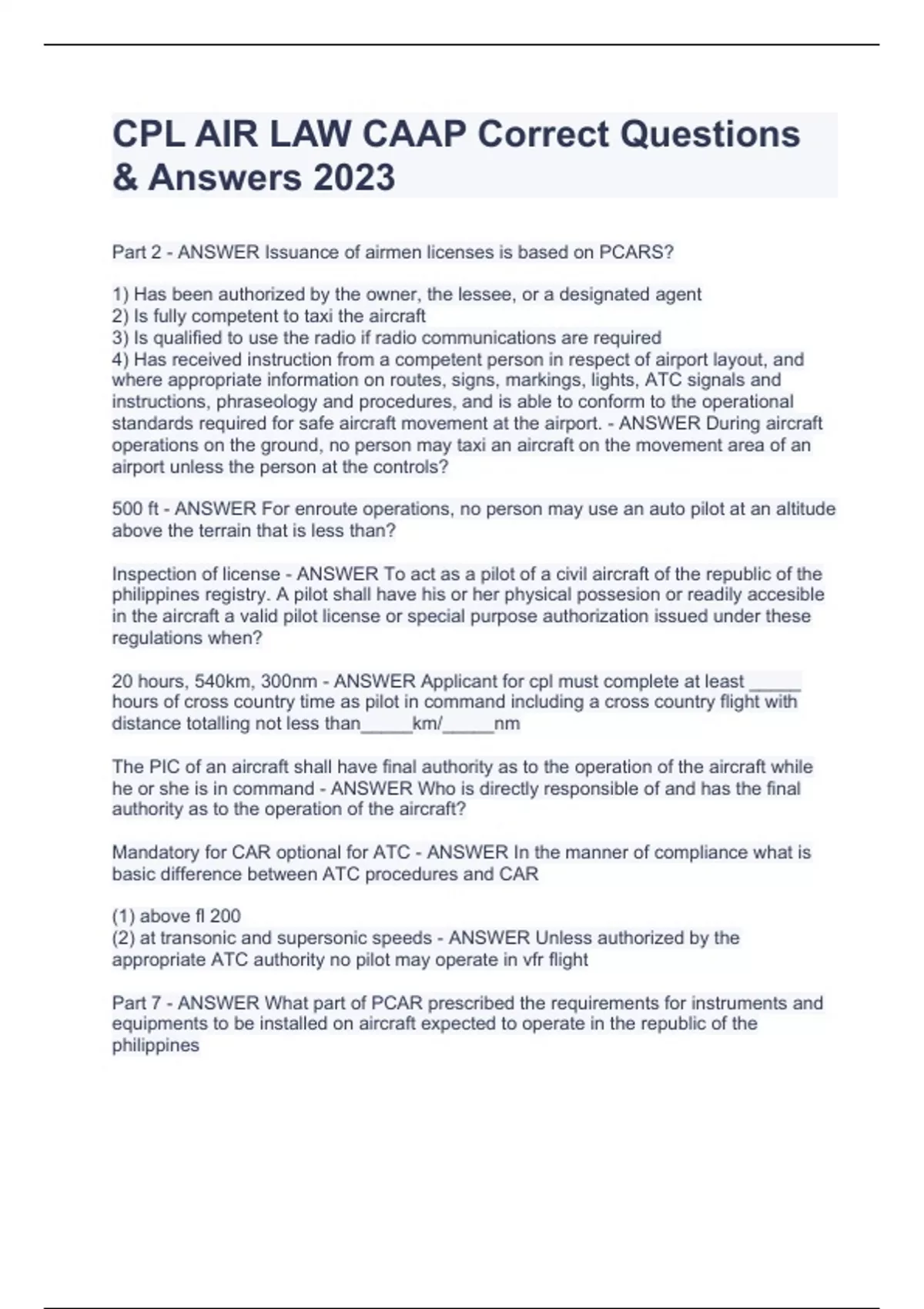 CPL AIR LAW CAAP Correct Questions & Answers 2023 - CPL AIR LAW - Stuvia US