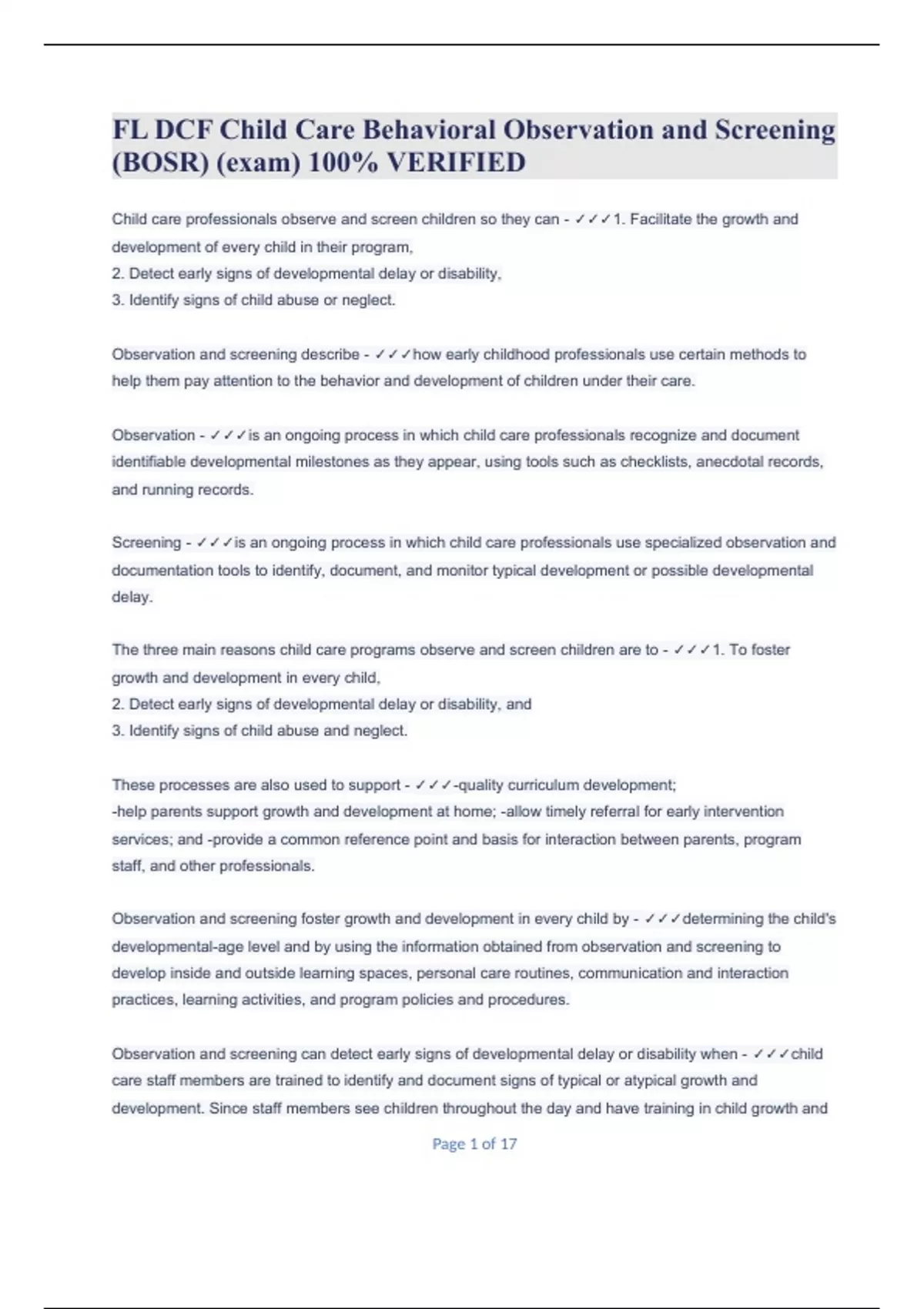 FL DCF Child Care Behavioral Observation and Screening (BOSR) (exam ...