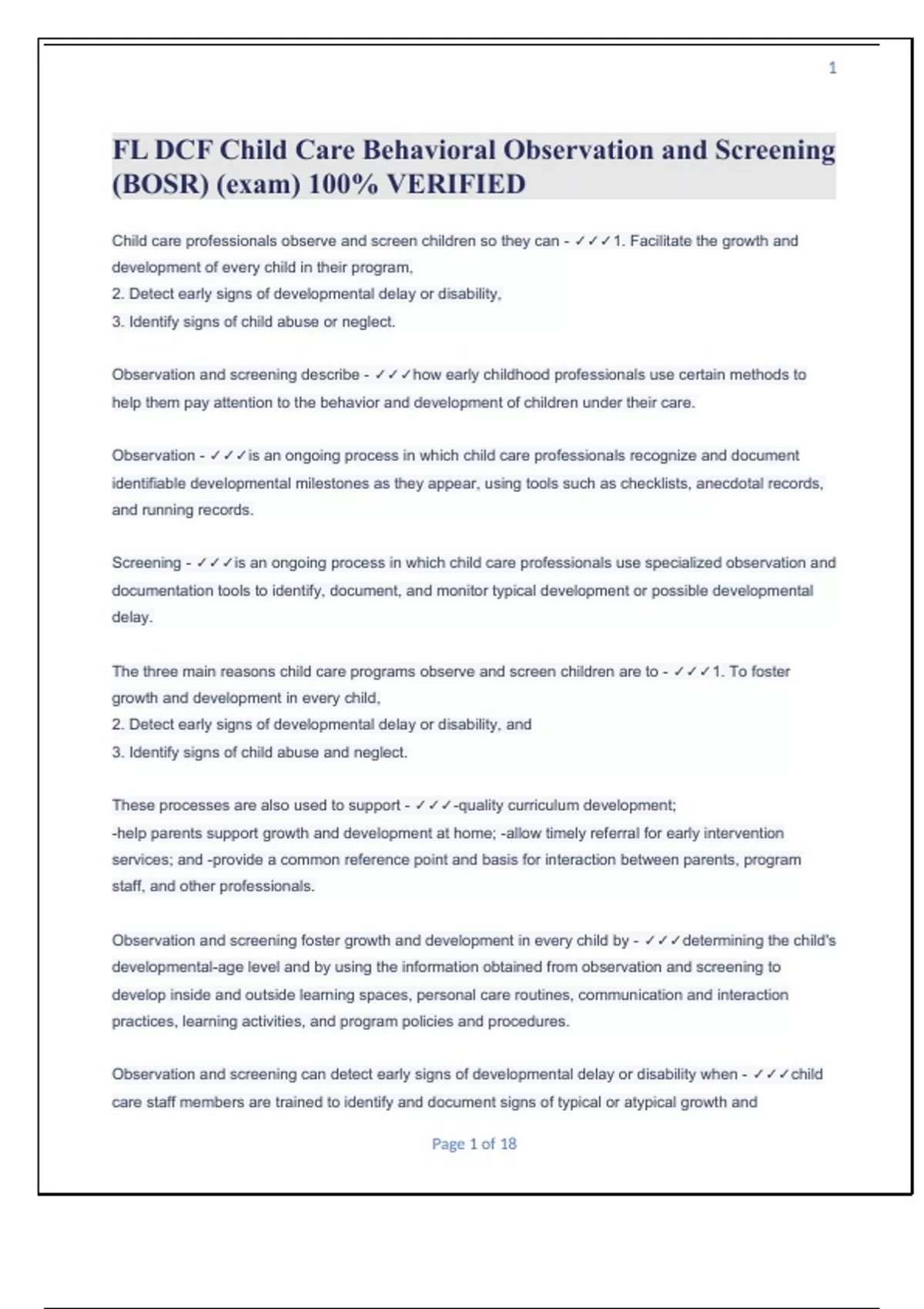 FL DCF Child Care Behavioral Observation and Screening (BOSR) (exam ...