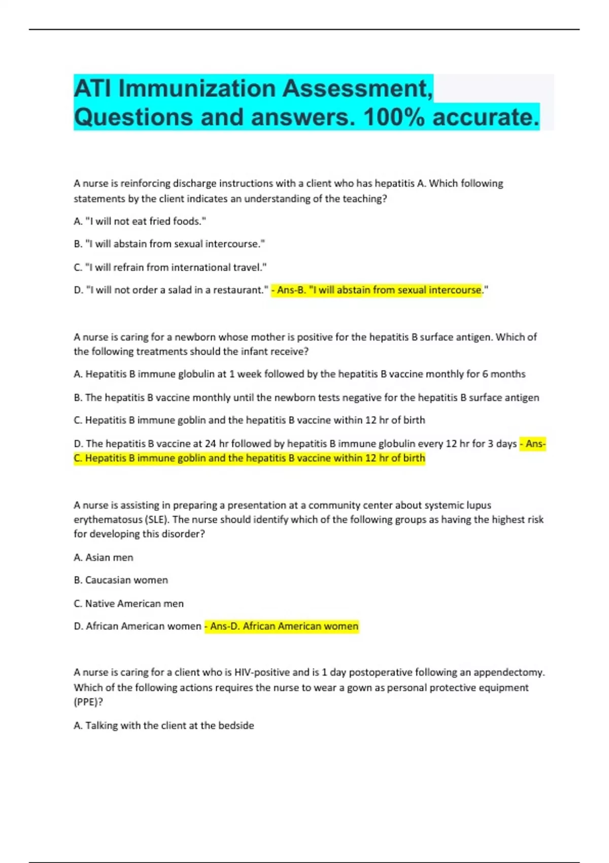 ATI Immunization Assessment, Questions and answers. 100% accurate - ATI ...