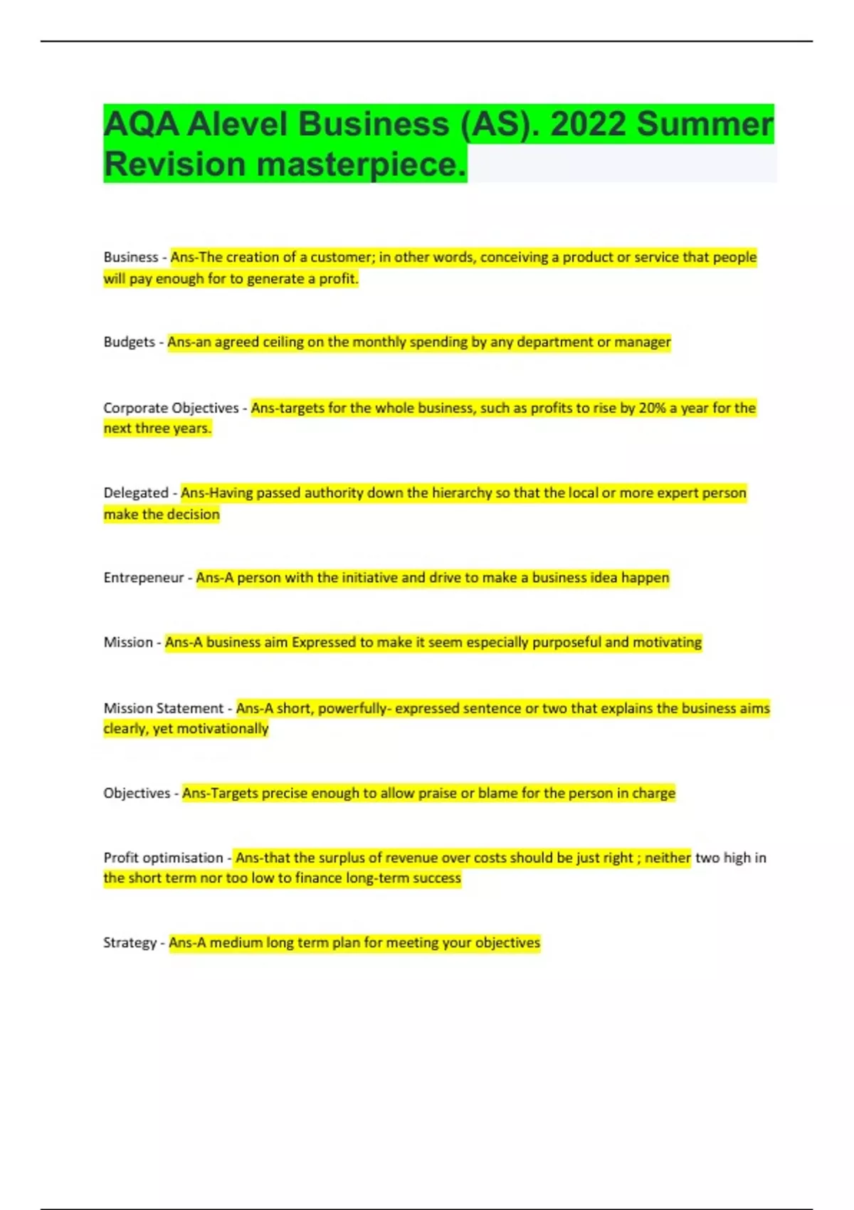 AQA A level Business (AS). 2022 Summer Revision Masterpiece - AQA A ...