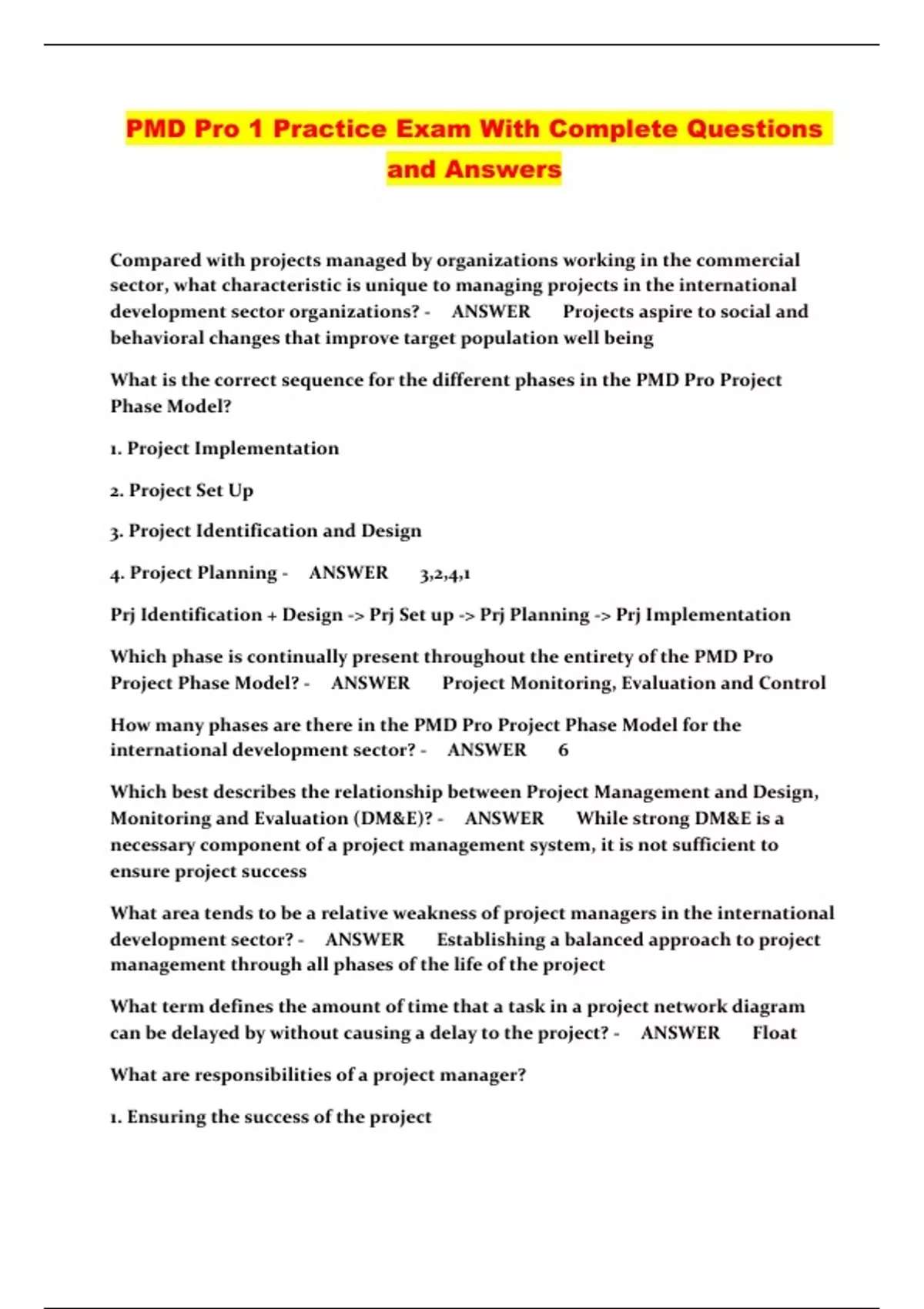 PMD Pro 1 Practice Exam With Complete Questions and Answers - PMD Pro 1 - Stuvia US