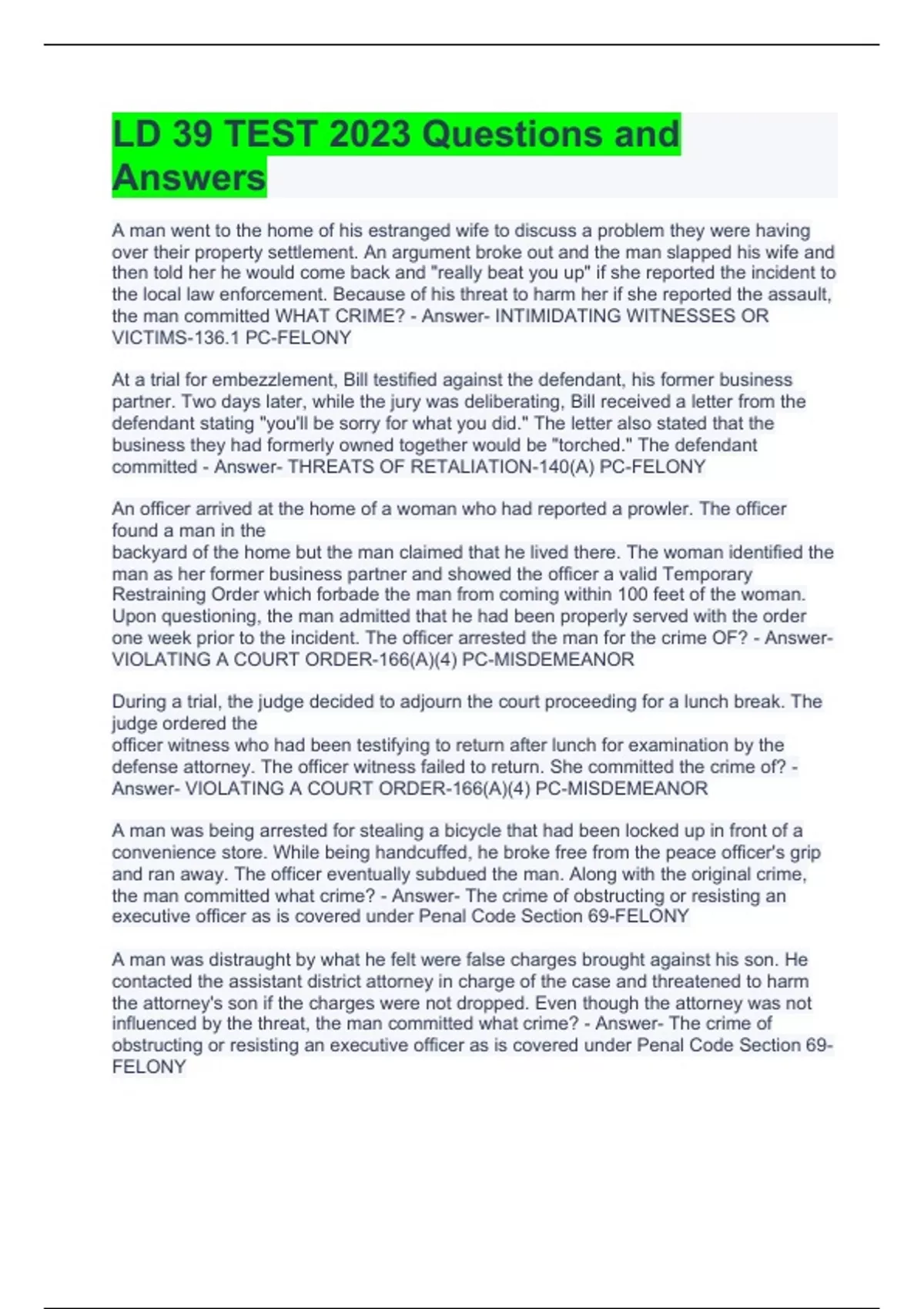 LD 39 TEST 2023 Questions and Answers - LD 39 - Stuvia US