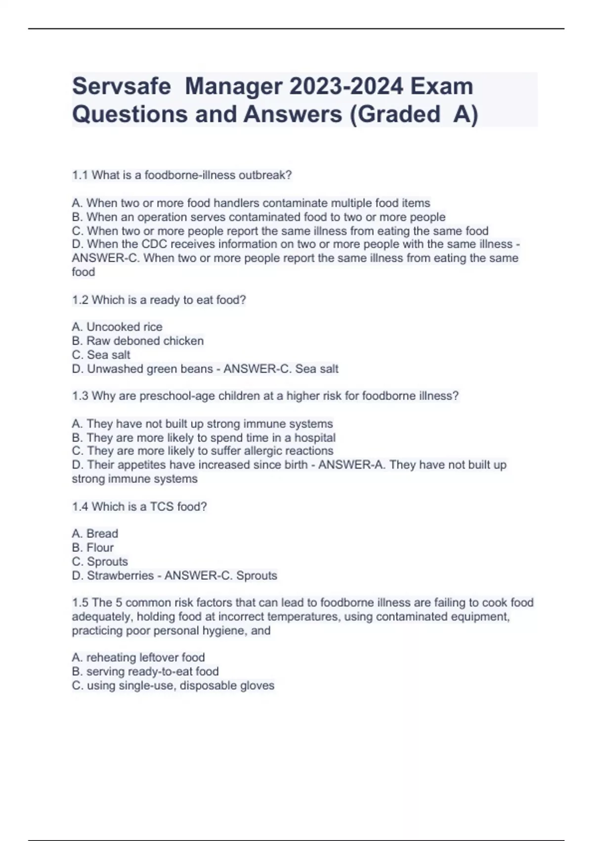 Servsafe Manager Exam Questions and Answers (Graded A) - ServSafe ...