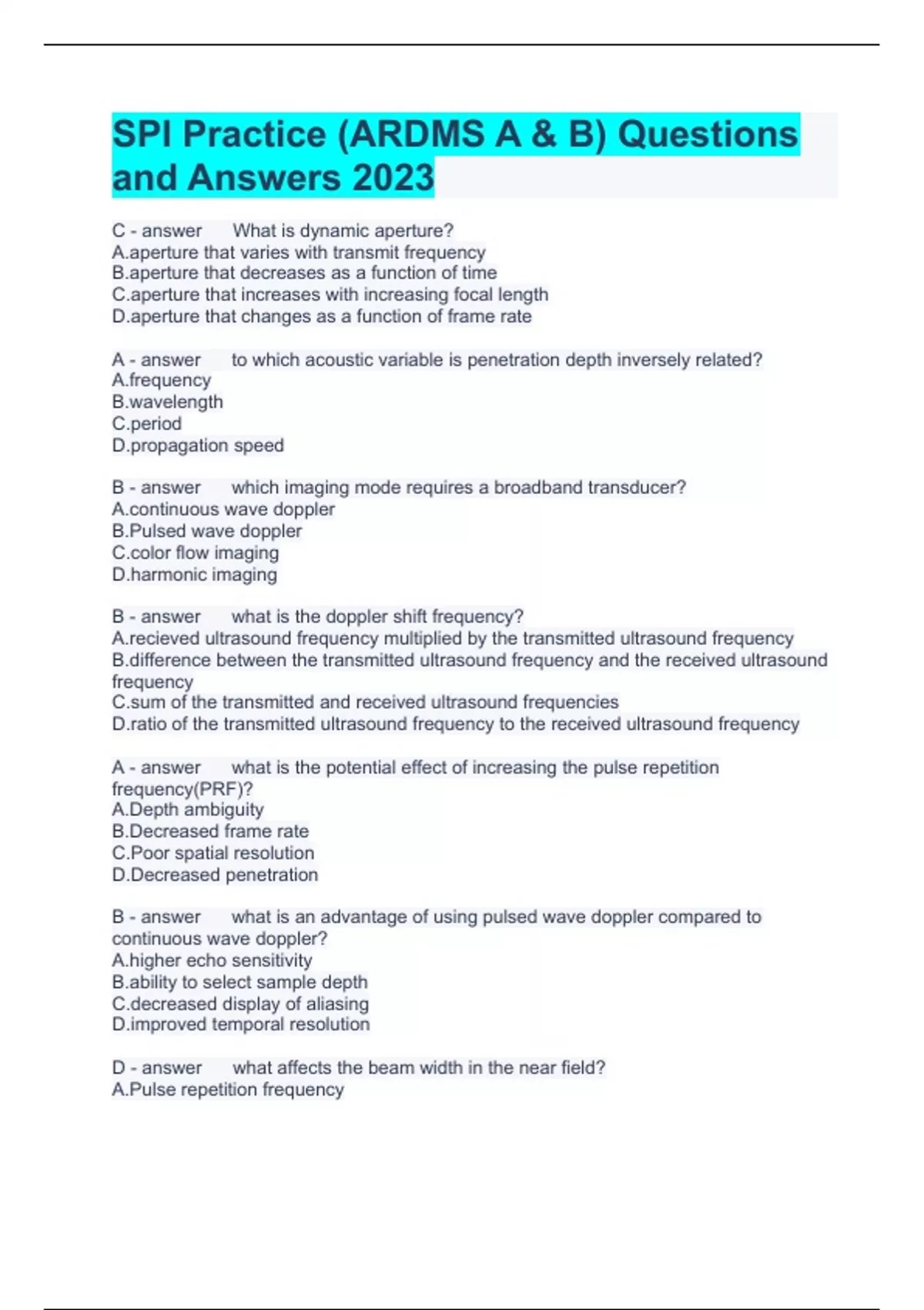 SPI Practice (ARDMS A & B) Questions and Answers 2023 - SPI ARDMS - Stuvia US