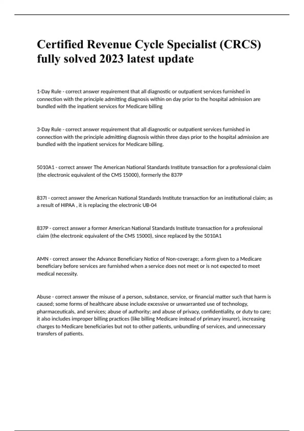 Certified Revenue Cycle Specialist (CRCS) fully solved 2023 latest ...