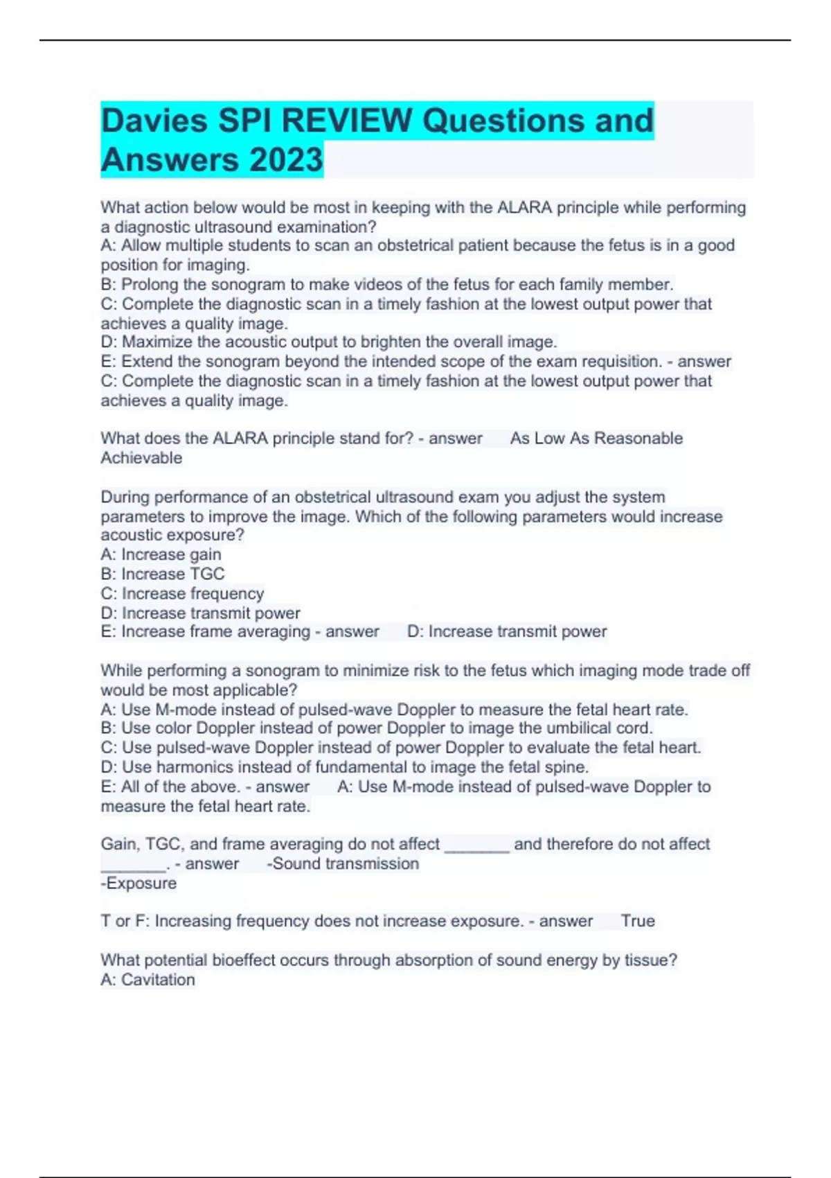 Davies SPI REVIEW Questions and Answers 2023 - SPI ARDMS - Stuvia US