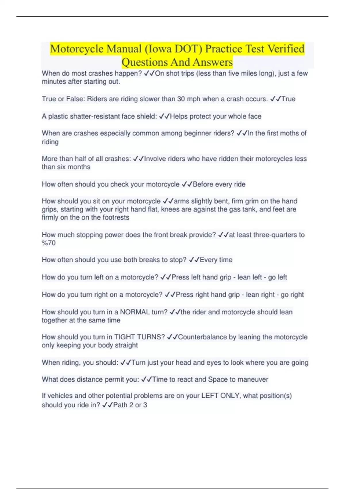 Motorcycle Manual (Iowa DOT) Practice Test Verified Questions And ...